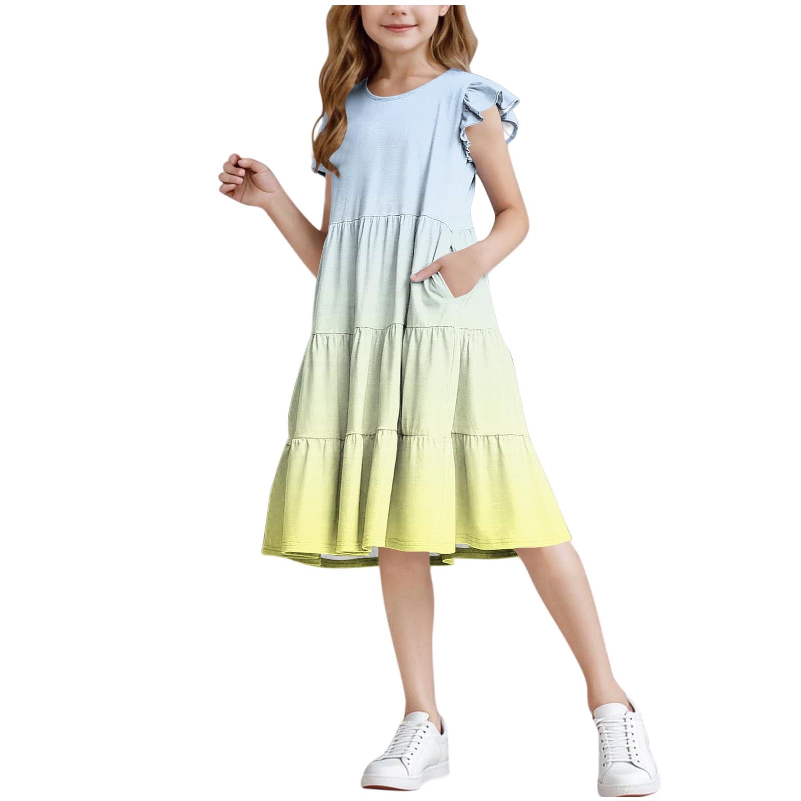 ZACPNCV Girl's Dresses Ruffle Sleeve Tiered Swing A-Line Cute Midi ...