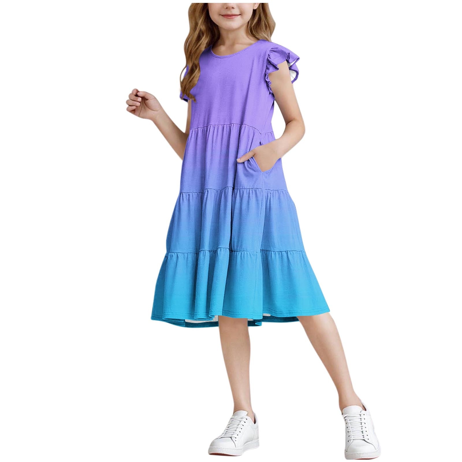 ZACPNCV Girl's Dresses Ruffle Sleeve Tiered Swing A-Line Cute Midi ...