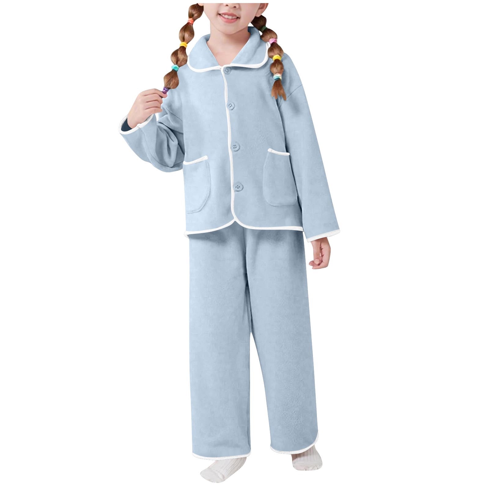 ZACPNCV Girls Fleece Pajamas Long Sleeve Flannel Button Down Sleepwear ...