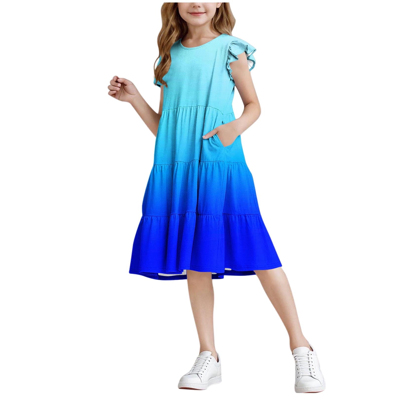 ZACPNCV Girls Summer Boho Sun Dress Flutter Sleeve Tween Ruffles Tiered ...
