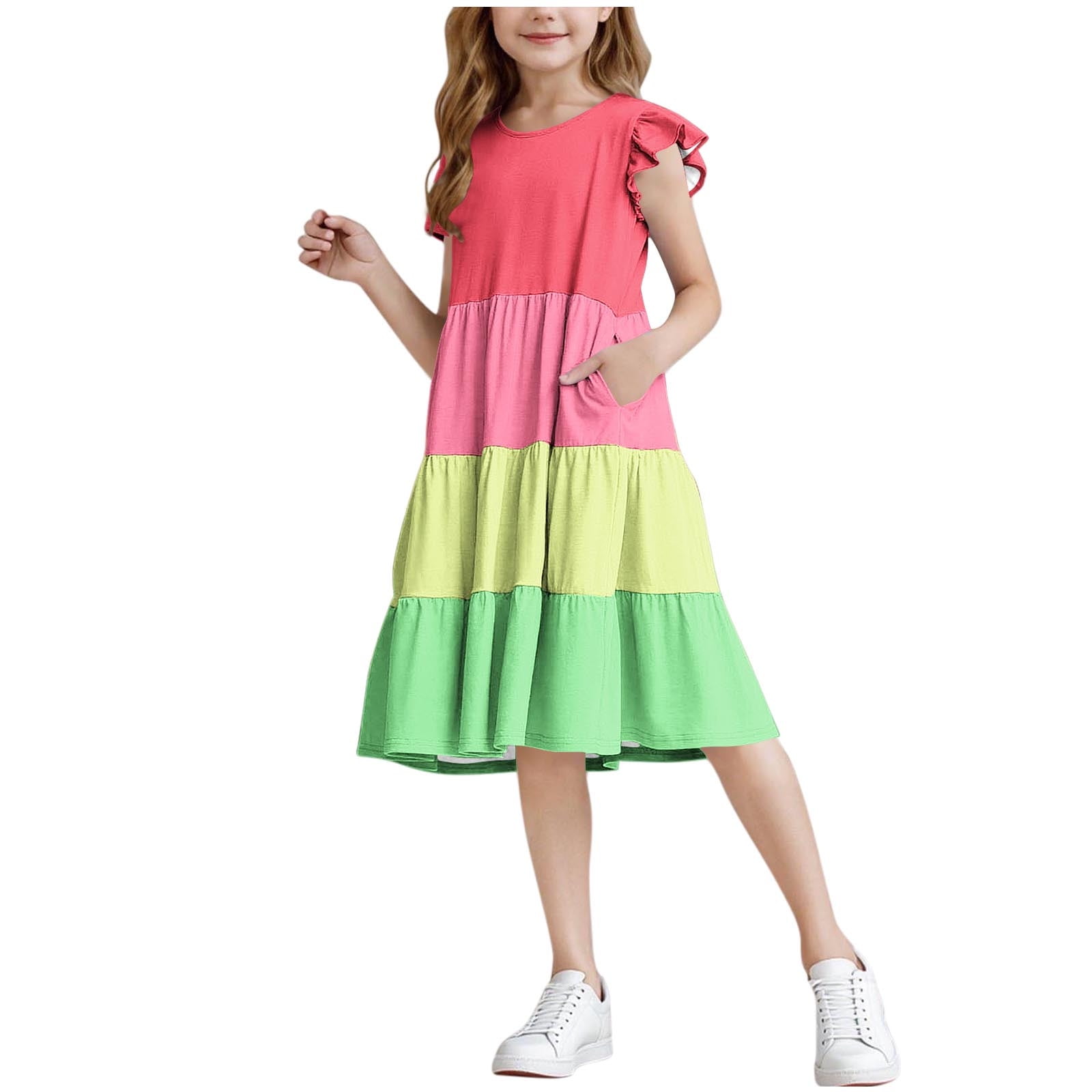 ZACPNCV Girls Summer Boho Sun Dress Flutter Sleeve Tween Ruffles Tiered ...