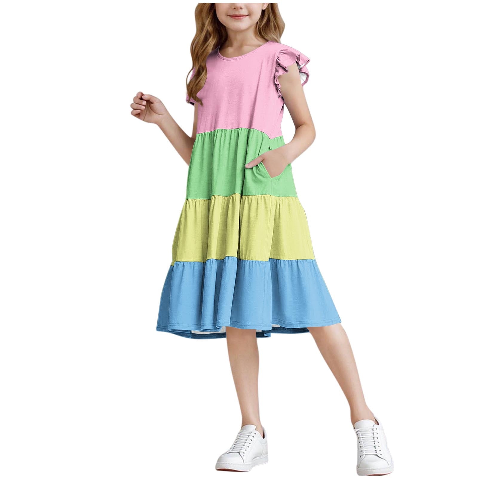 ZACPNCV Girls Summer Boho Sun Dress Flutter Sleeve Tween Ruffles Tiered ...