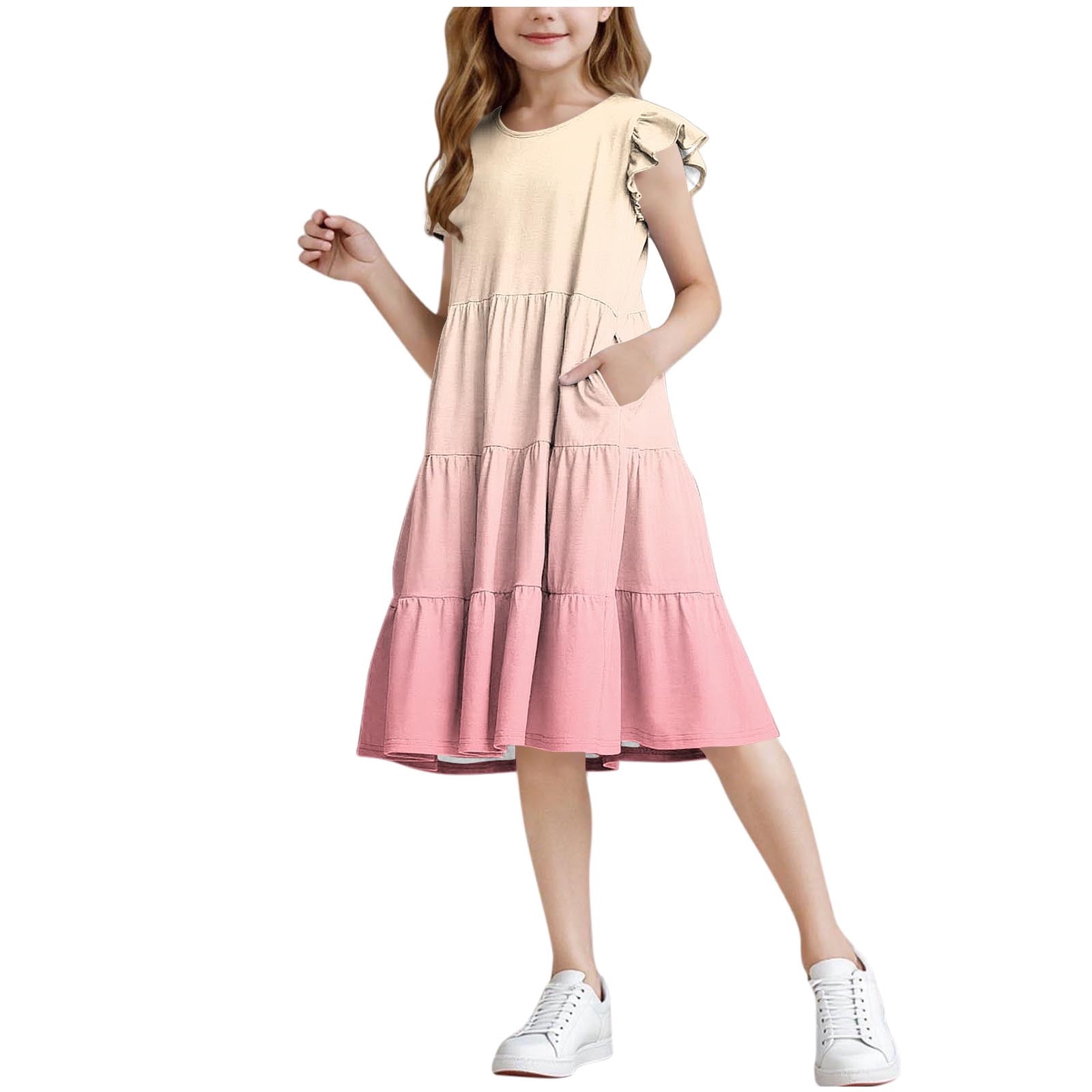 ZACPNCV Girls Summer Boho Sun Dress Flutter Sleeve Tween Ruffles Tiered ...