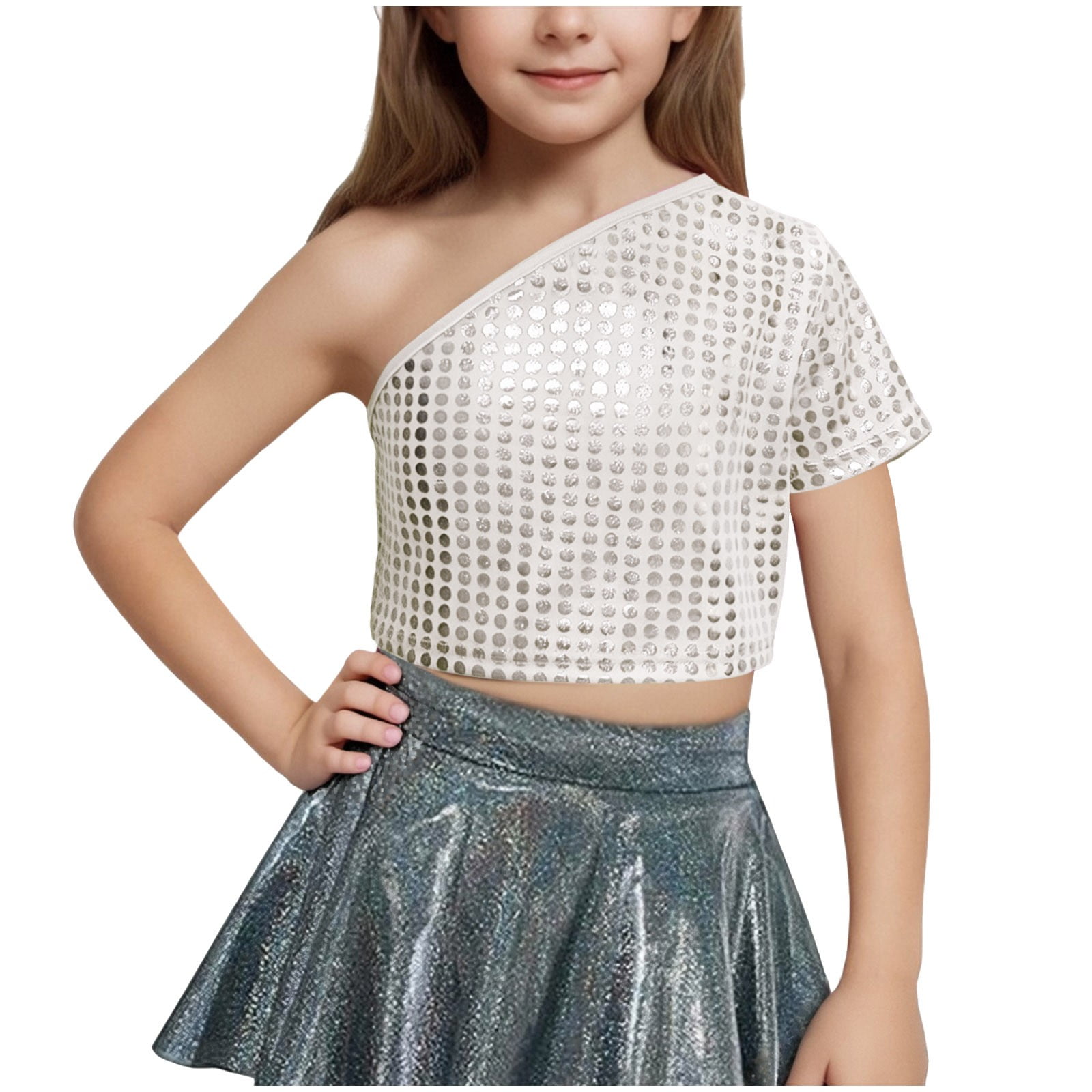ZACPNCV Kids Girls One Shoulder Short Sleeve Dance Crop Top Shiny ...