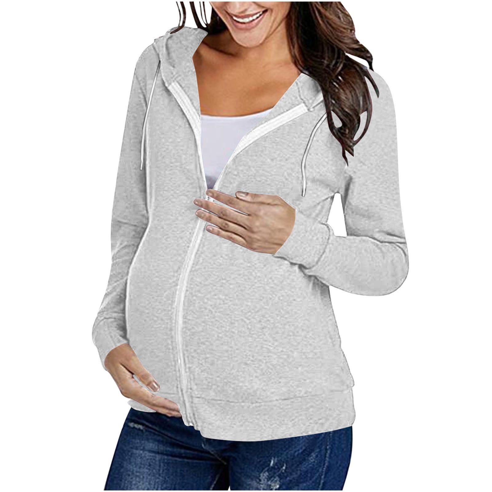 ZACPNCV Maternity Long Sleeve Top Solid Color Casual Zip Front Jacket ...