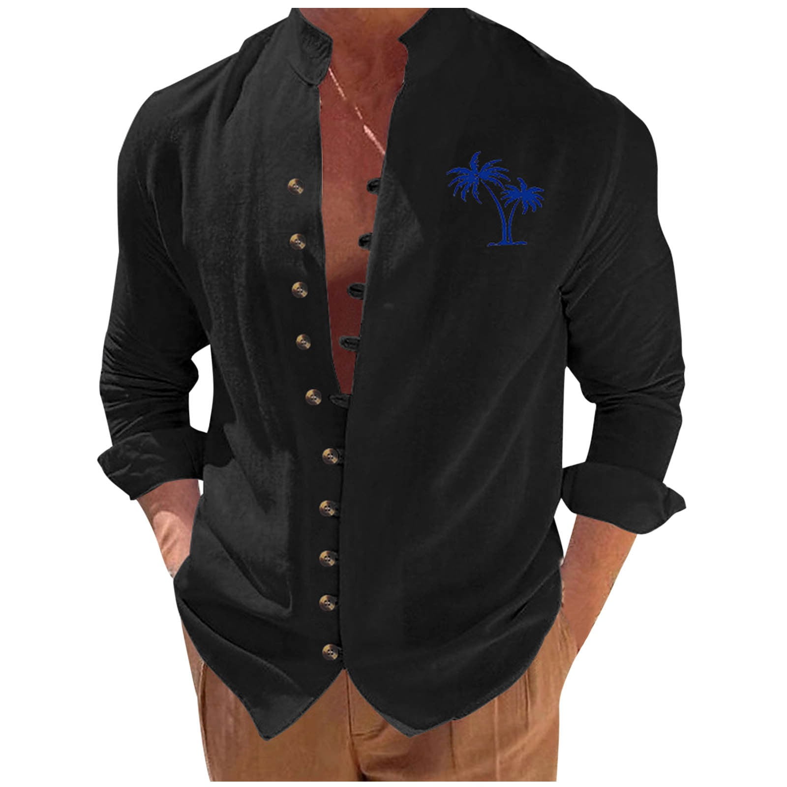 ZACPNCV Mens Printed Linen Style Long Sleeve Mand arin Collar Shirt ...