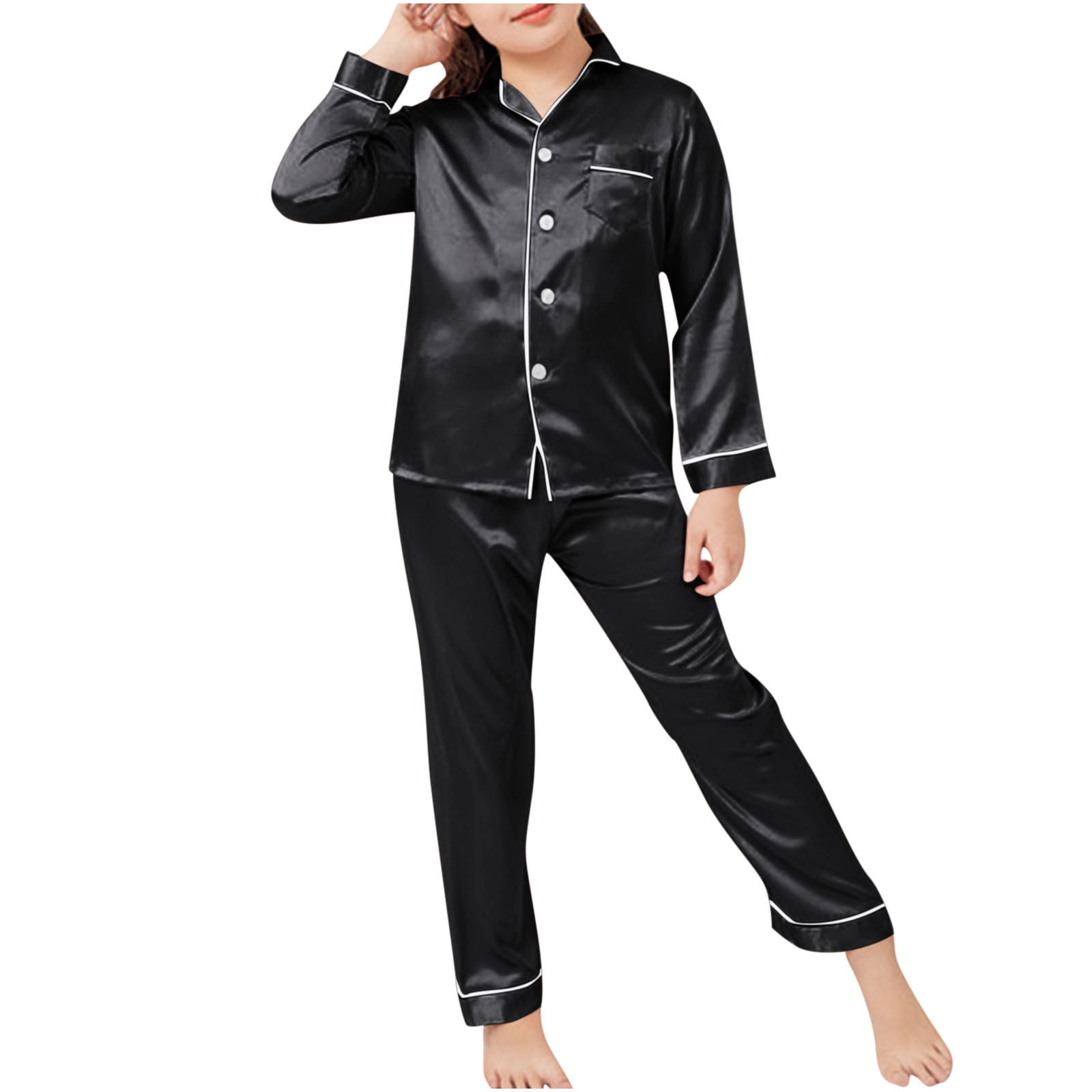 ZACPNCV Silk Satin Pajama Set for Girls Button Down Sleepwear Pajamas ...