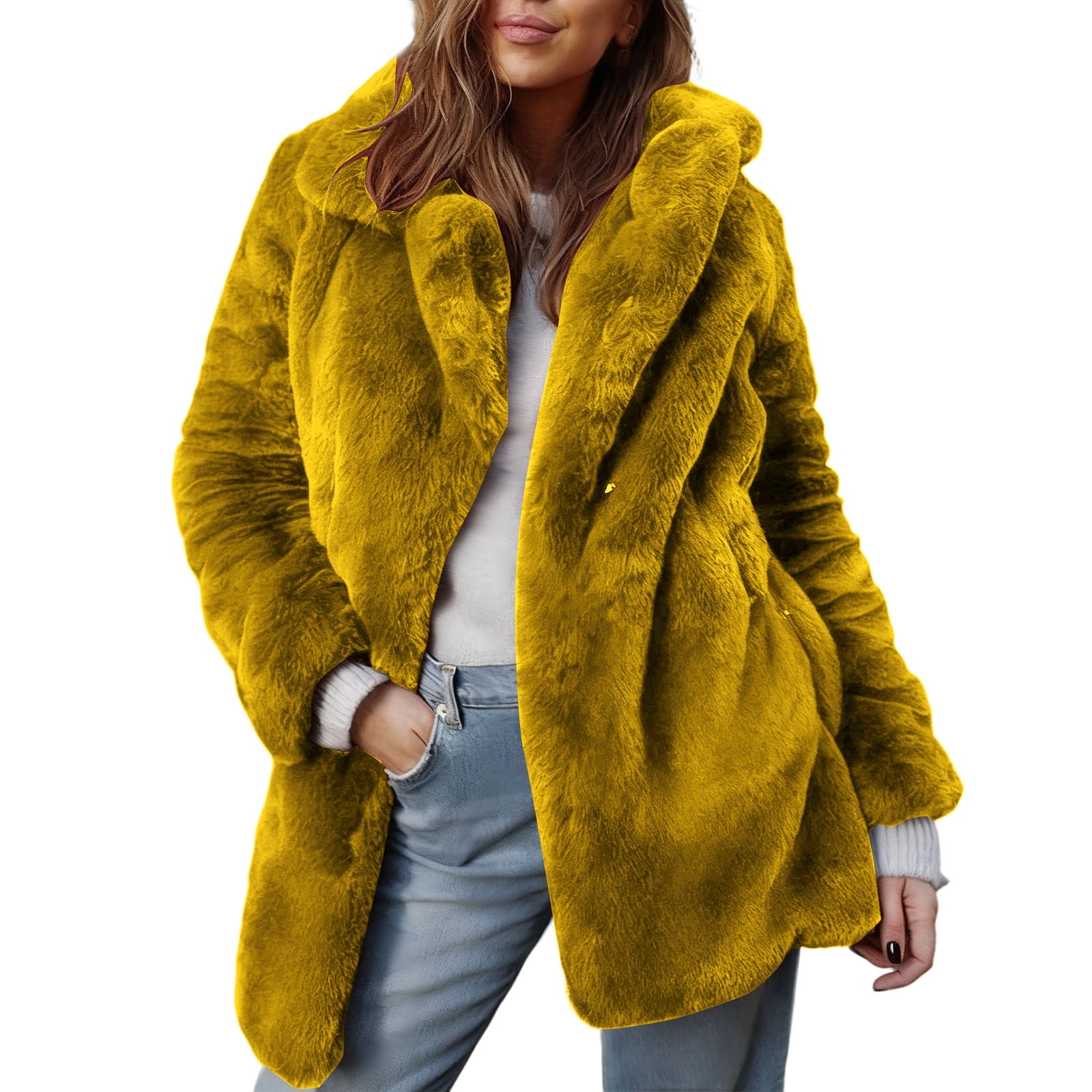 ZACPNCV Womens Faux Fur Coats Warm Mid Long Furry Jackets Long Sleeve ...