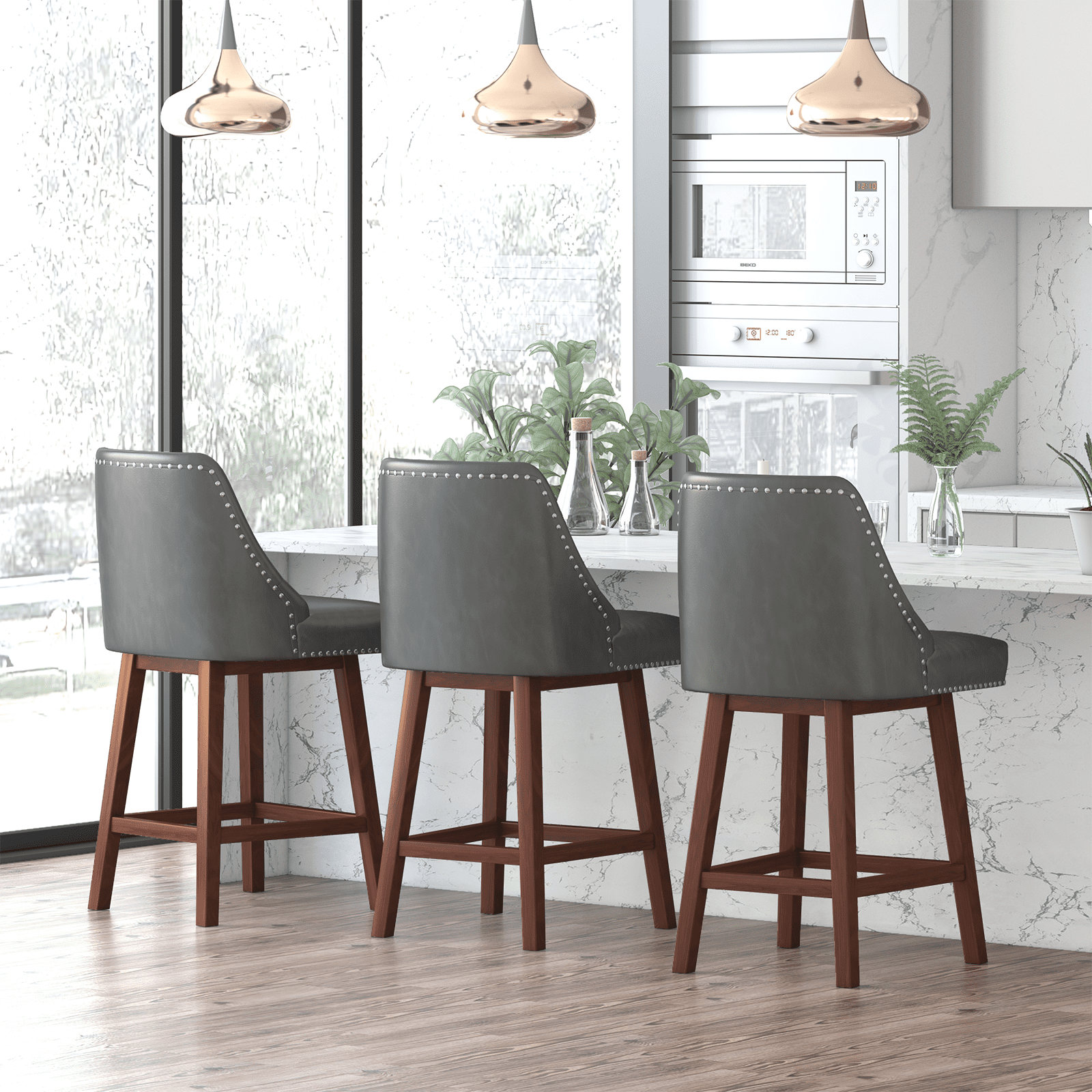 ZAFLY 26" Counter Height Bar Stools, Leather Chairs with Backs ...