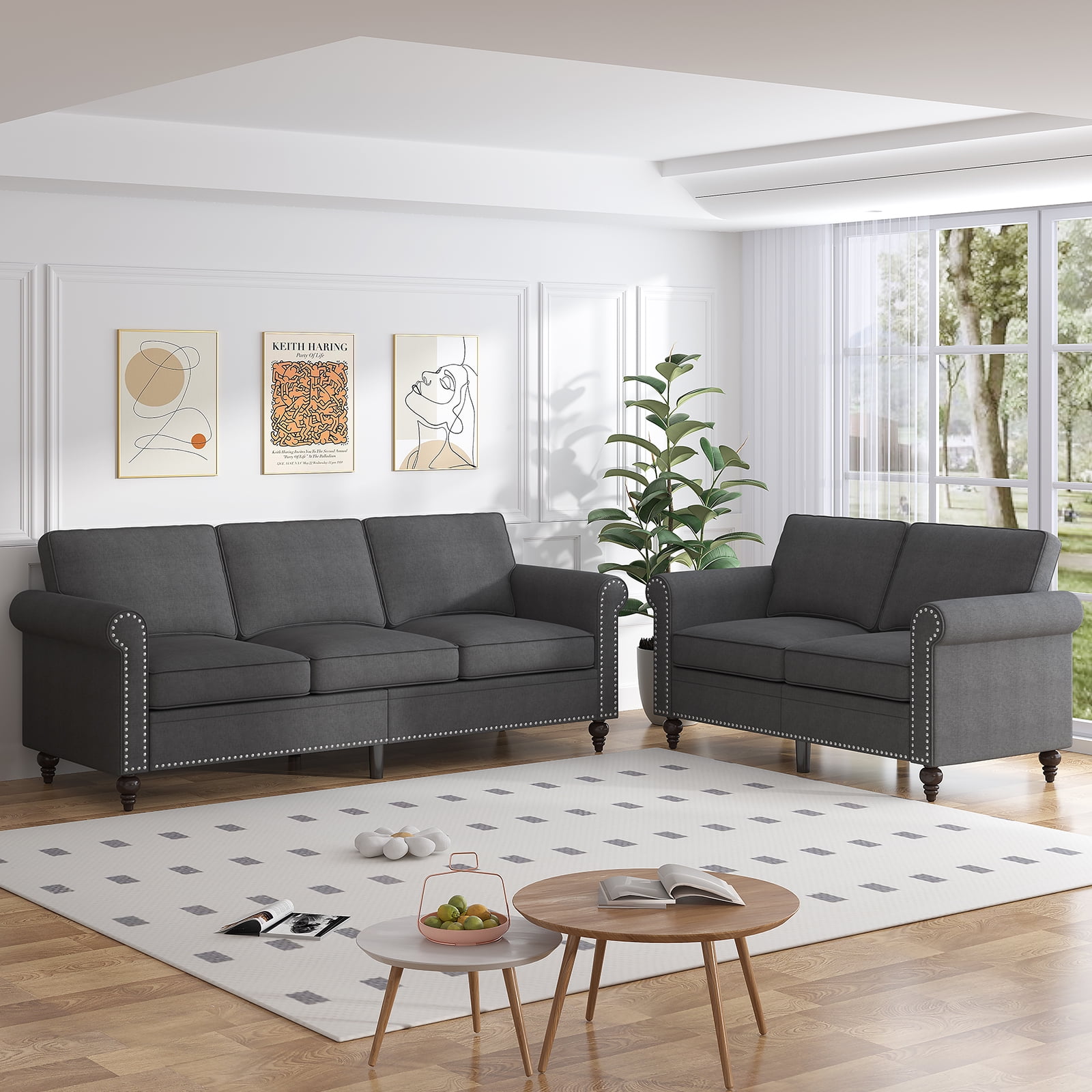 ZAFLY, Living Room Sofa Set, 78.3" 3 Seat + 55.1" Loveseat, Dark Gray ...