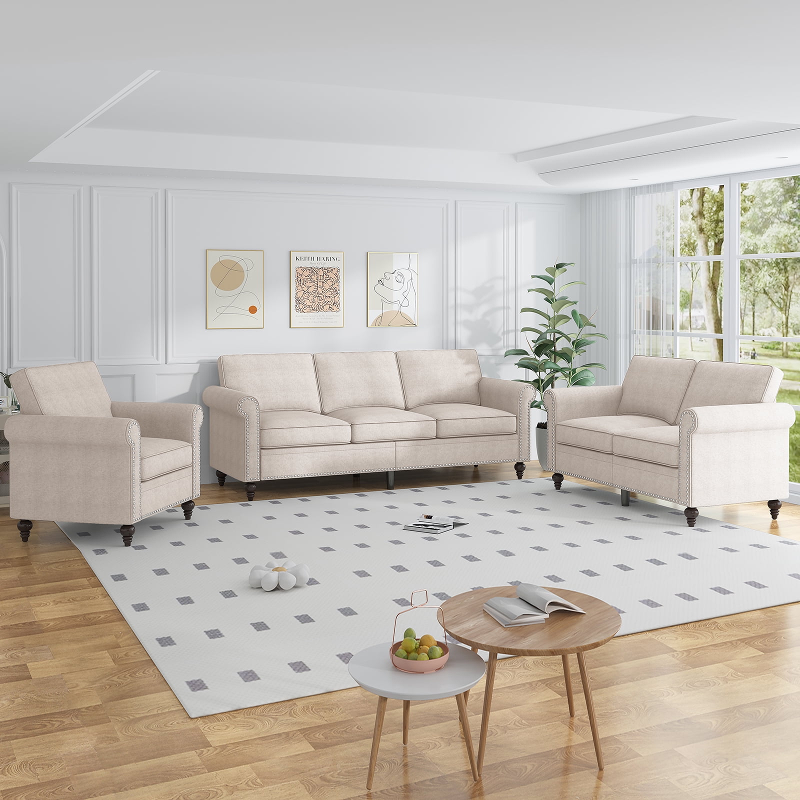 ZAFLY 3 Piece Living Room Sofa Set, 3 Seat Sofa + Loveseat + Armchair ...