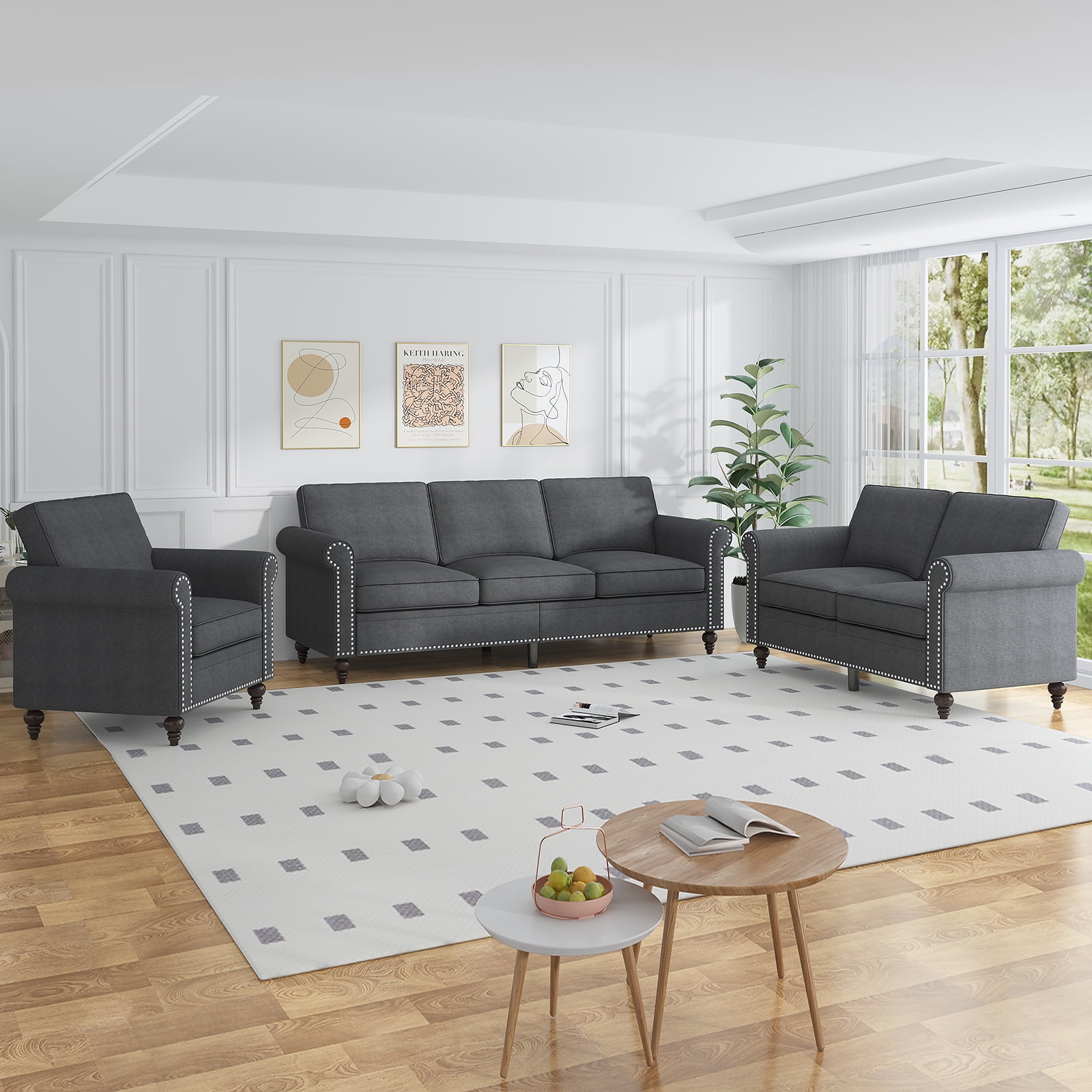 ZAFLY 3 Piece Living Room Sofa Set, 3 Seat Sofa + Loveseat + Armchair ...