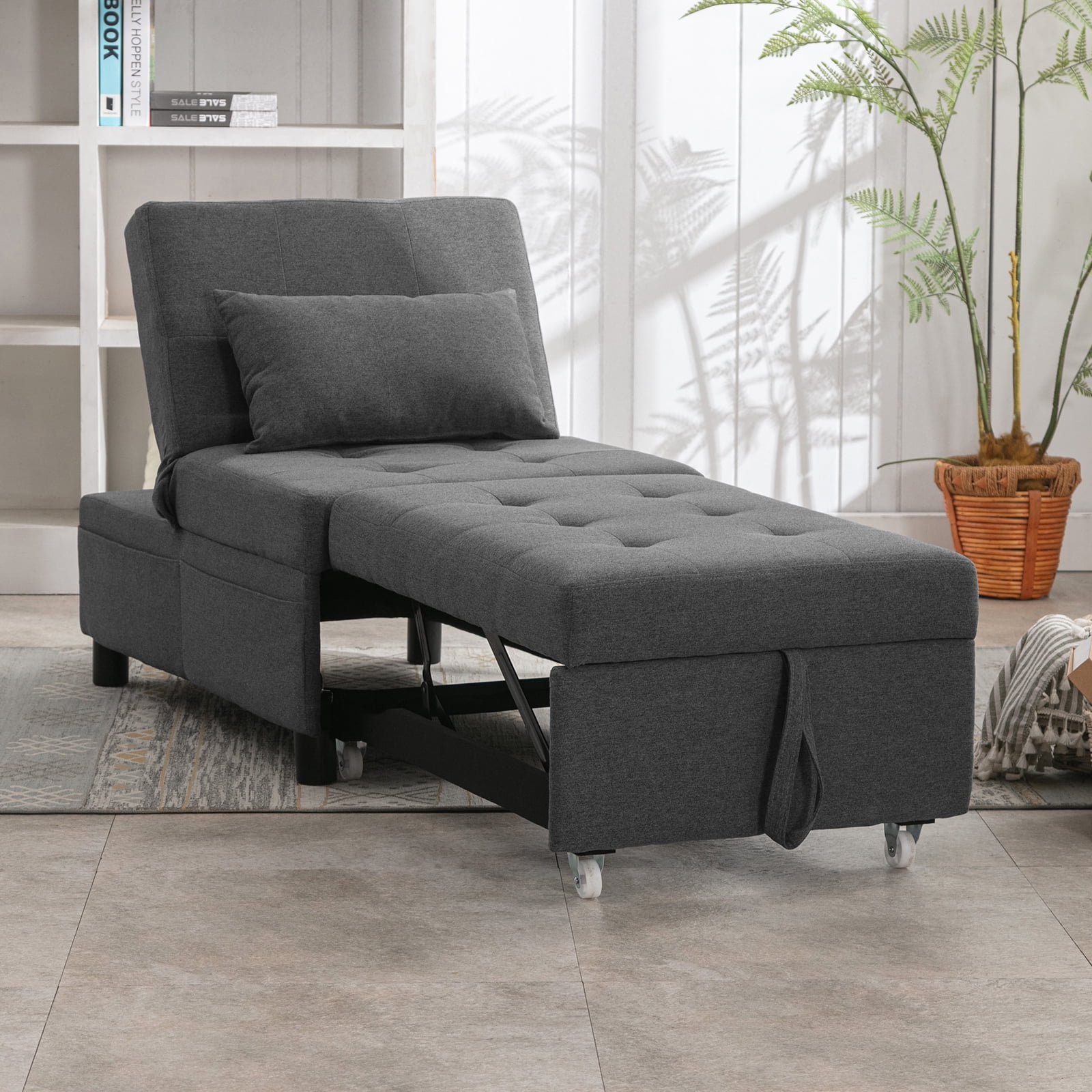 ZAFLY 4-in-1 Pull-out Sofa Bed, Linen Chaise Lounge with Steel Frame ...