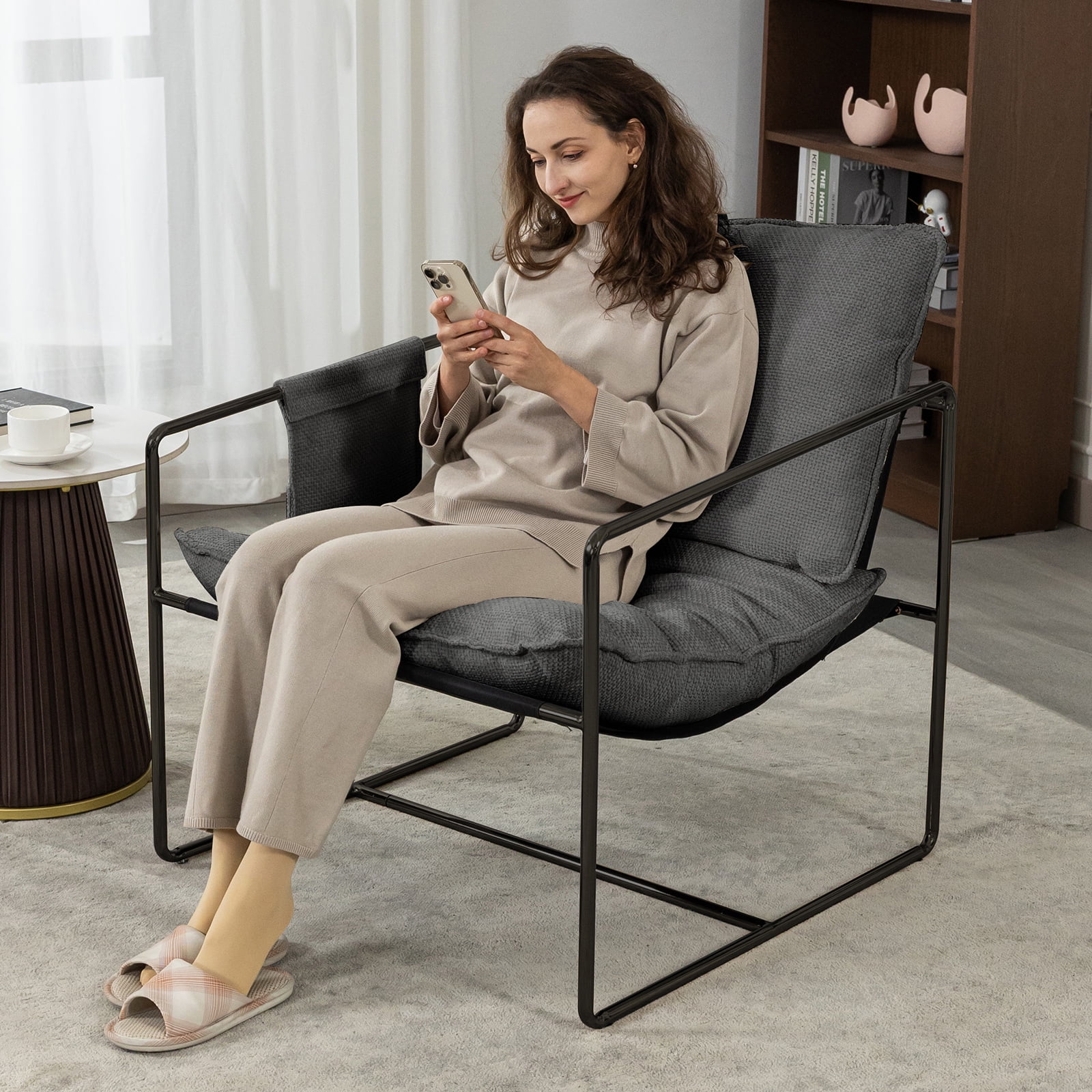 ZAFLY Accent Chair Set of 2, Modern Sling Chair with Metal Frame, Comfy ...