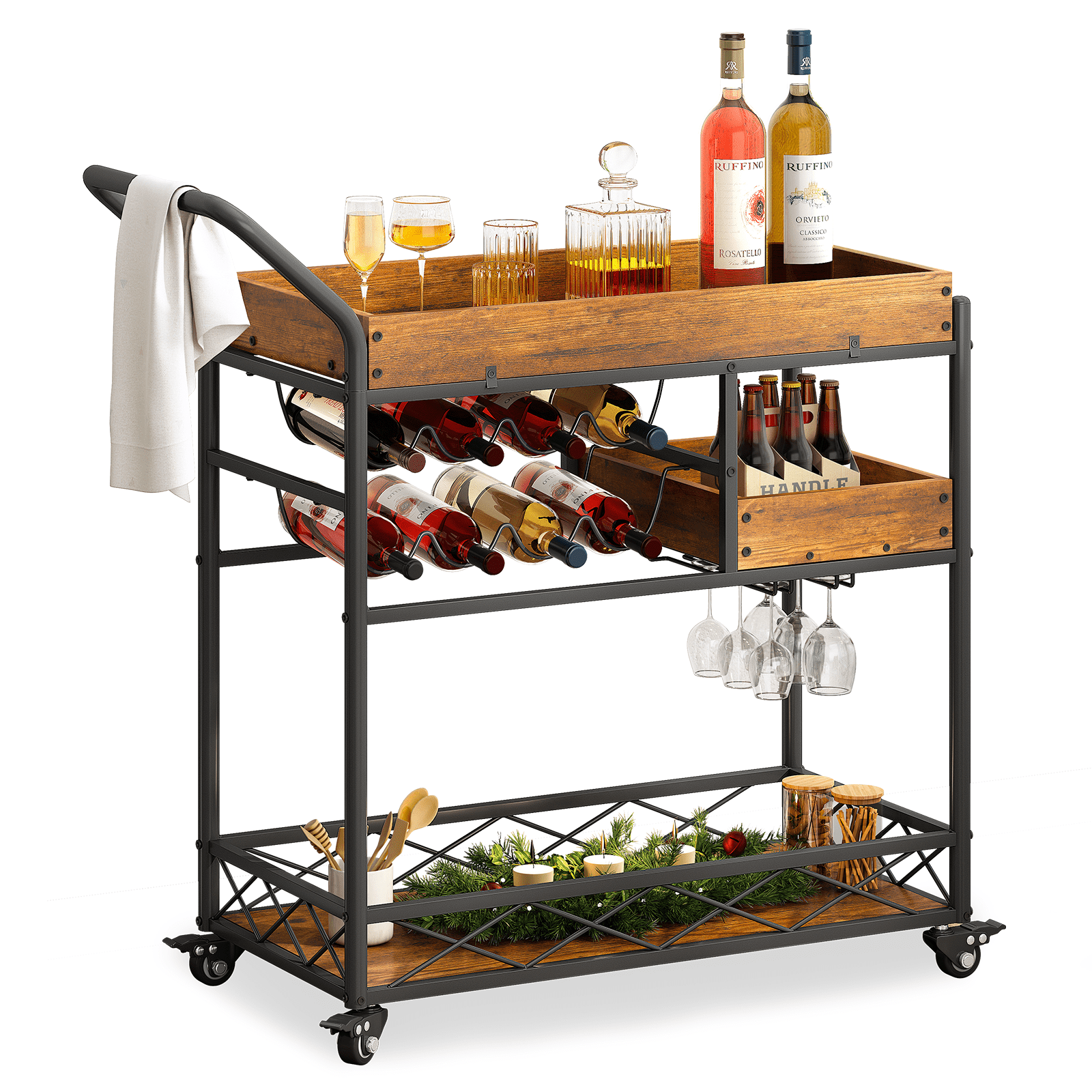 ZAFLY Bar Cart with Wheels| 3 Tier Bar Cart with Wine Rack for Wine ...