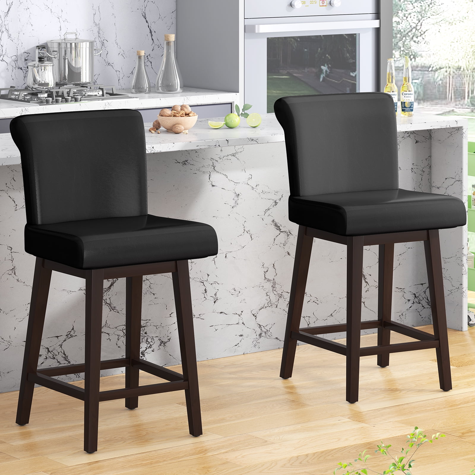 "ZAFLY 24"" Bar Stools Set of 2, 360° Swivel, Wooden Chairs with Backs ...
