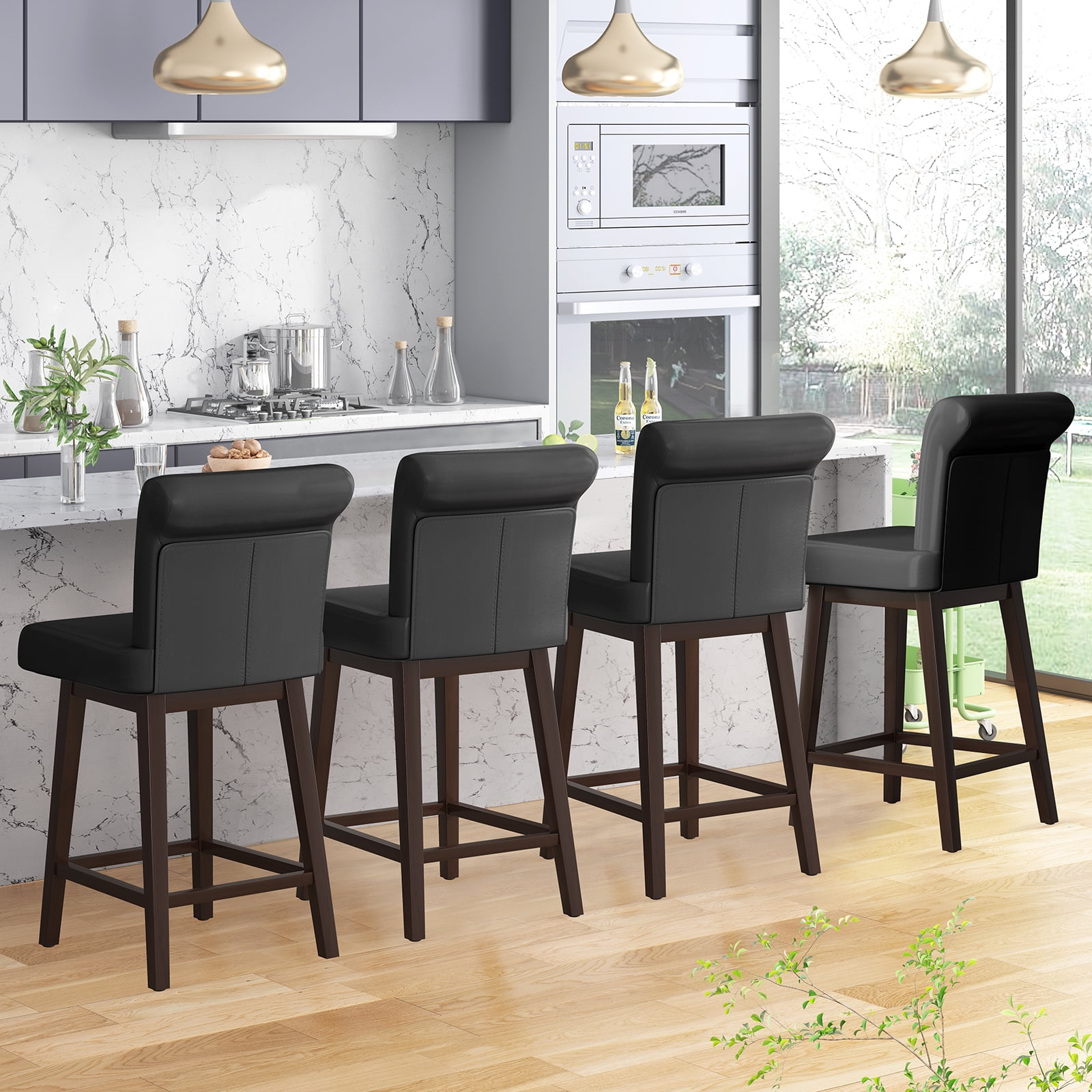 ZAFLY 24" Bar Stools Set of 4, 360° Swivel, Faux Leather, Wood Frame ...