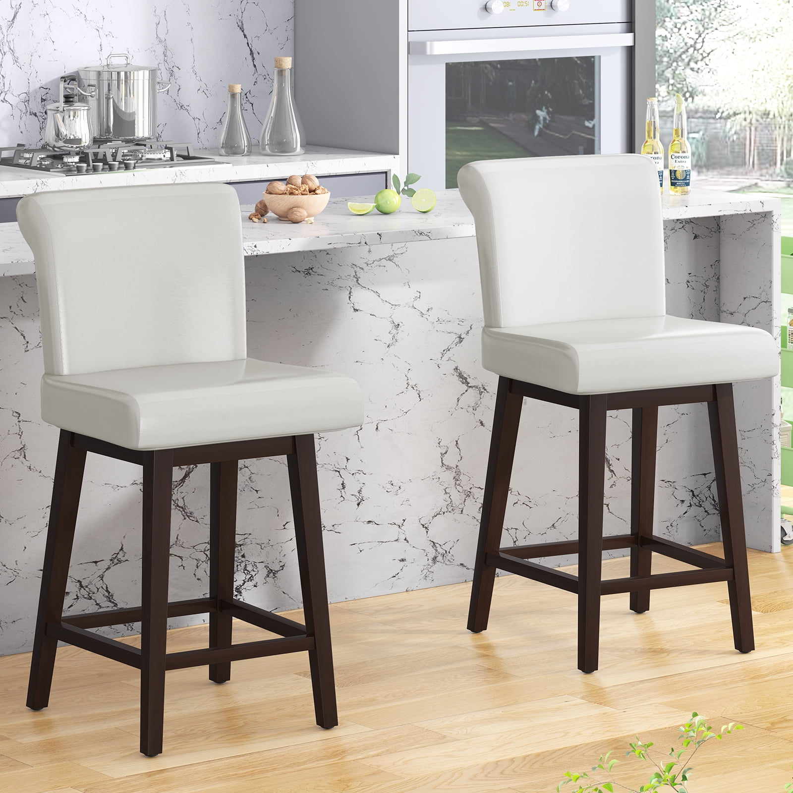 ZAFLY Set of 2 Bar Stools, 360° Swivel, Backrests, White Wooden Accent ...