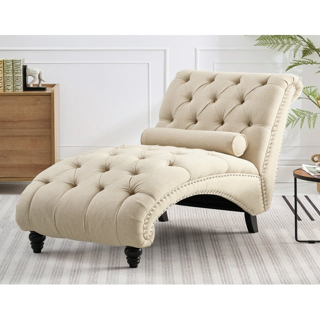 ZAFLY Modern Beige Chaise Lounge Chair, Wood Legs, Indoor Furniture for ...