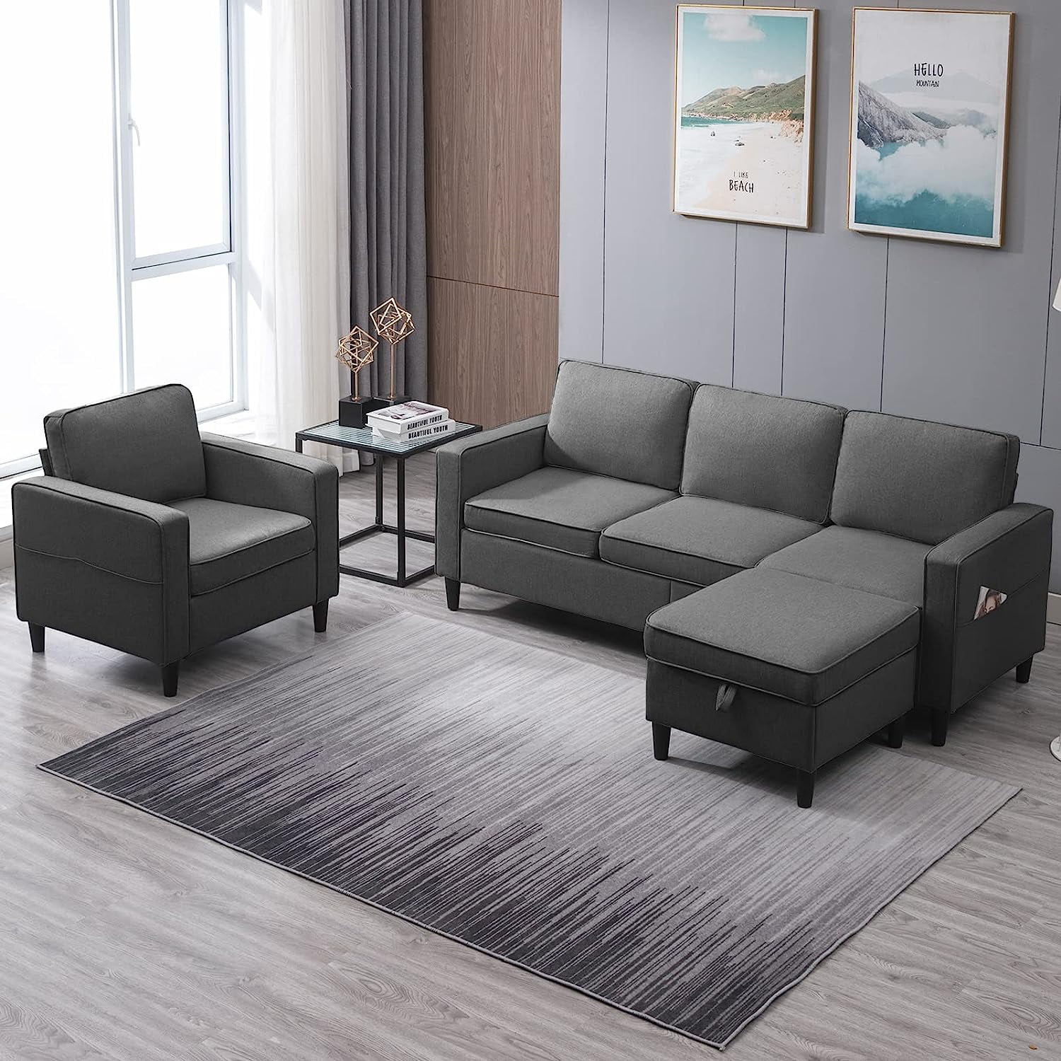 ZAFLY Convertible Sectional Sofa Set,3-Seat L Shape Sofa with Storage ...