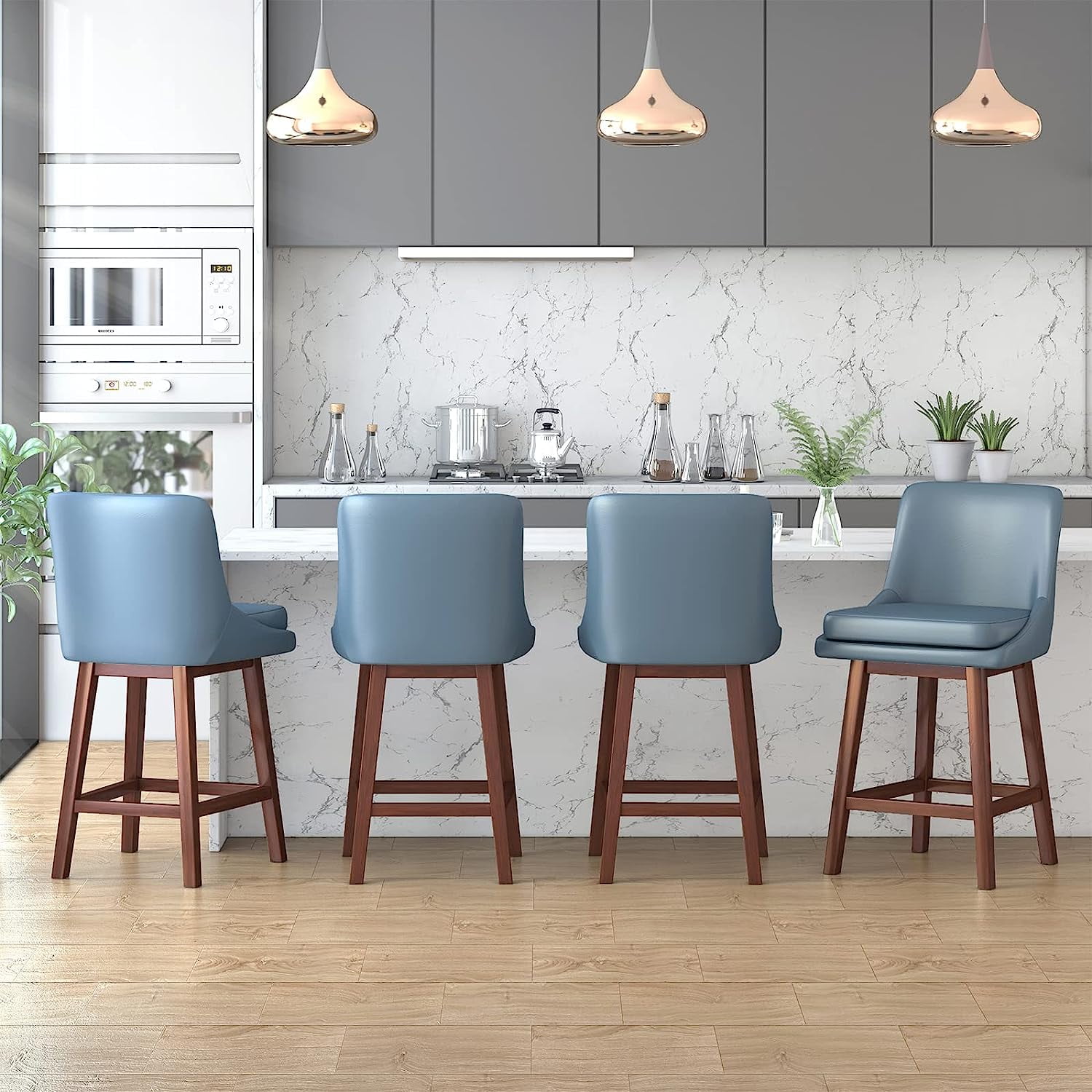 "ZAFLY 26"" H Swivel Bar Stools Set of 4, Synthetic Leather, Solid Wood Legs, Blue" - Walmart.com