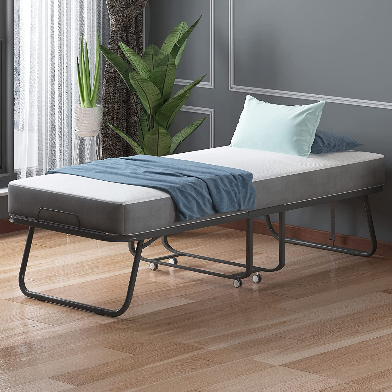 ZAFLY Portable Folding Bed with 4 Inch Mattress, Rollaway Guest Bed ...