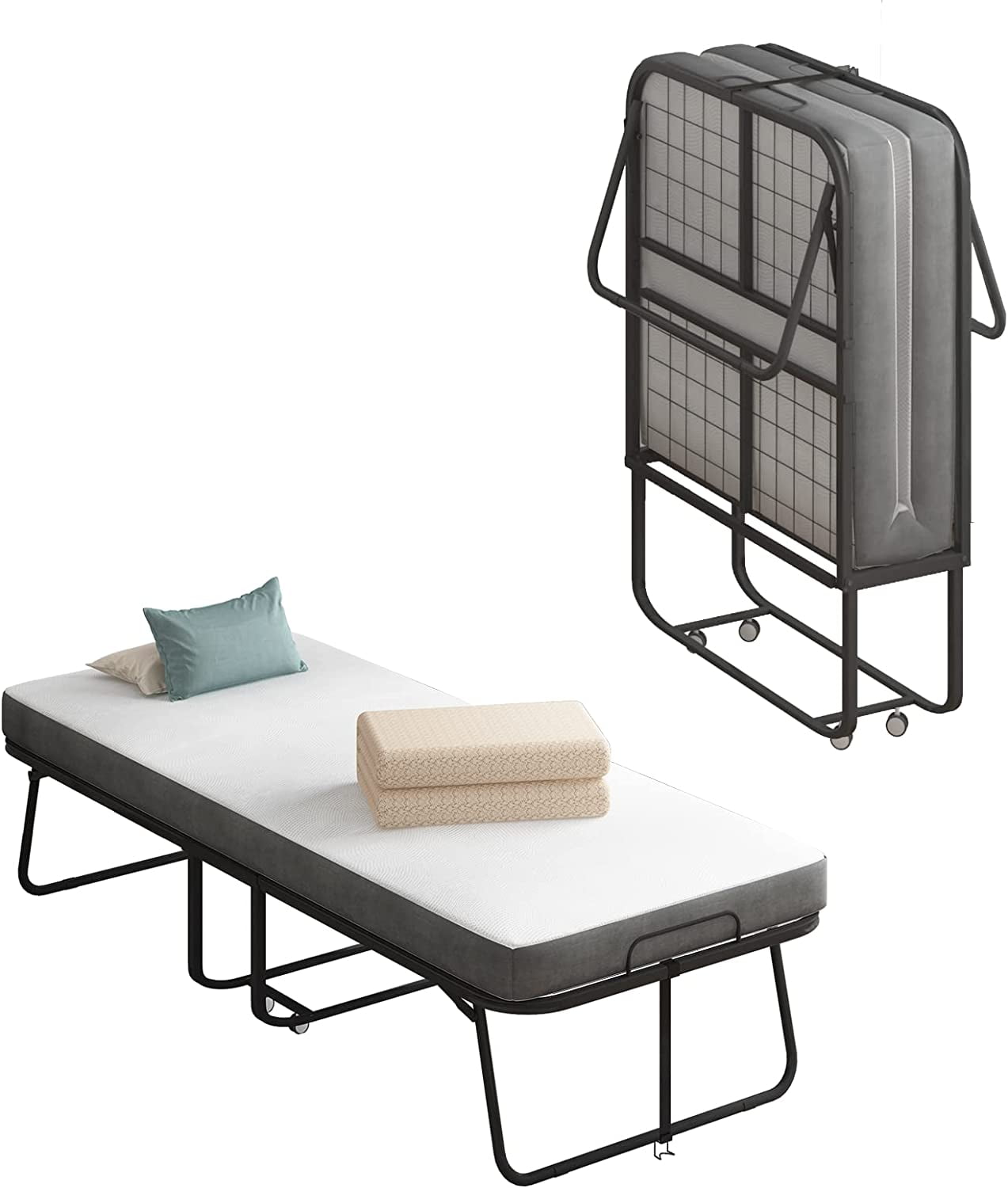 ZAFLY Folding Bed with 4 Inch Mattress Rollaway Folding Guest Bed Fold ...