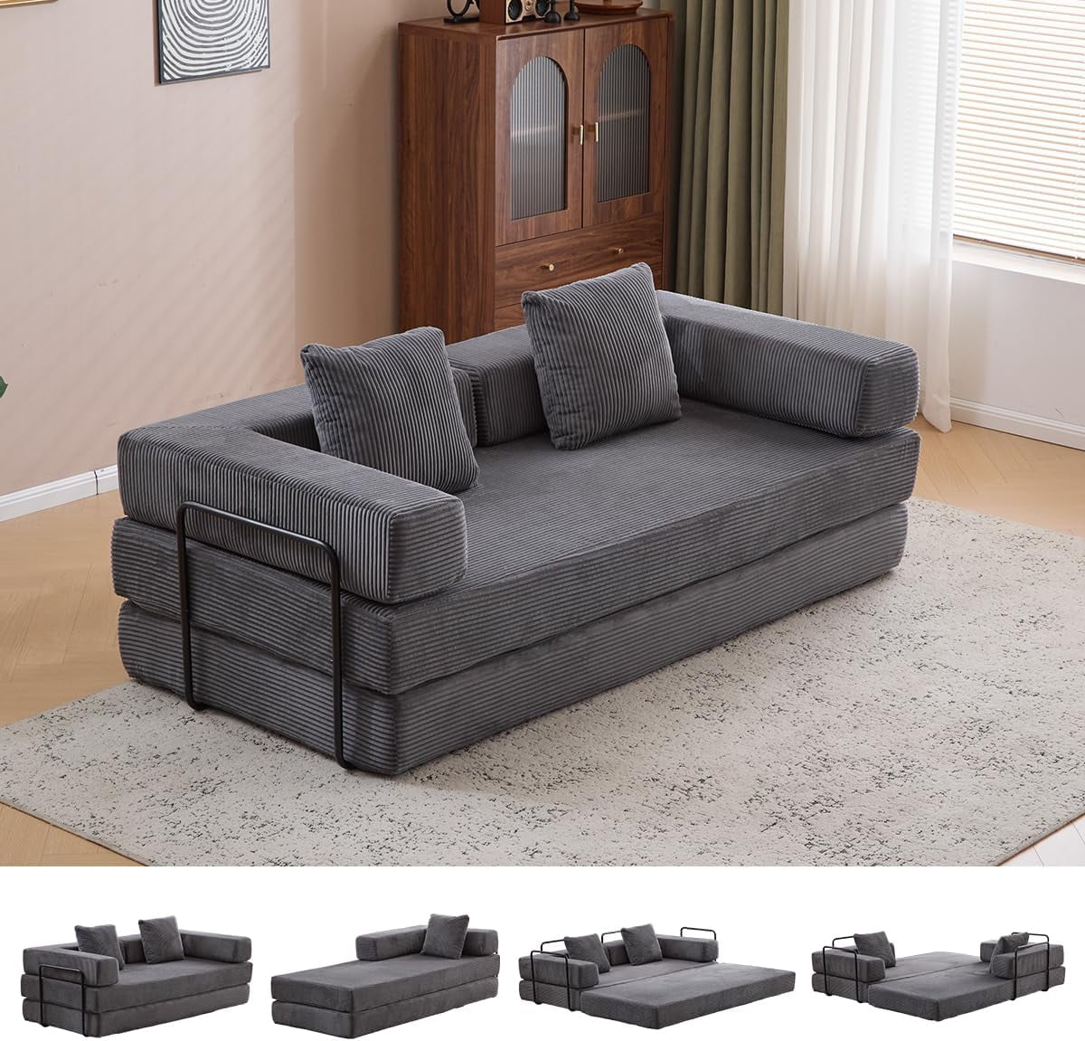 ZAFLY Dark Gray Foldable Adult Size Indoor Sofa Bed | Comfort Futon ...