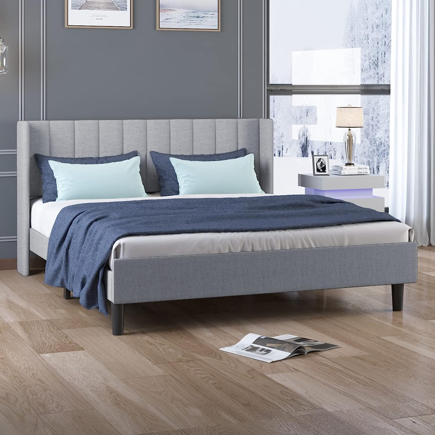ZAFLY Full Size Linen Upholstered Bed Frame with Wingback Headboard ...