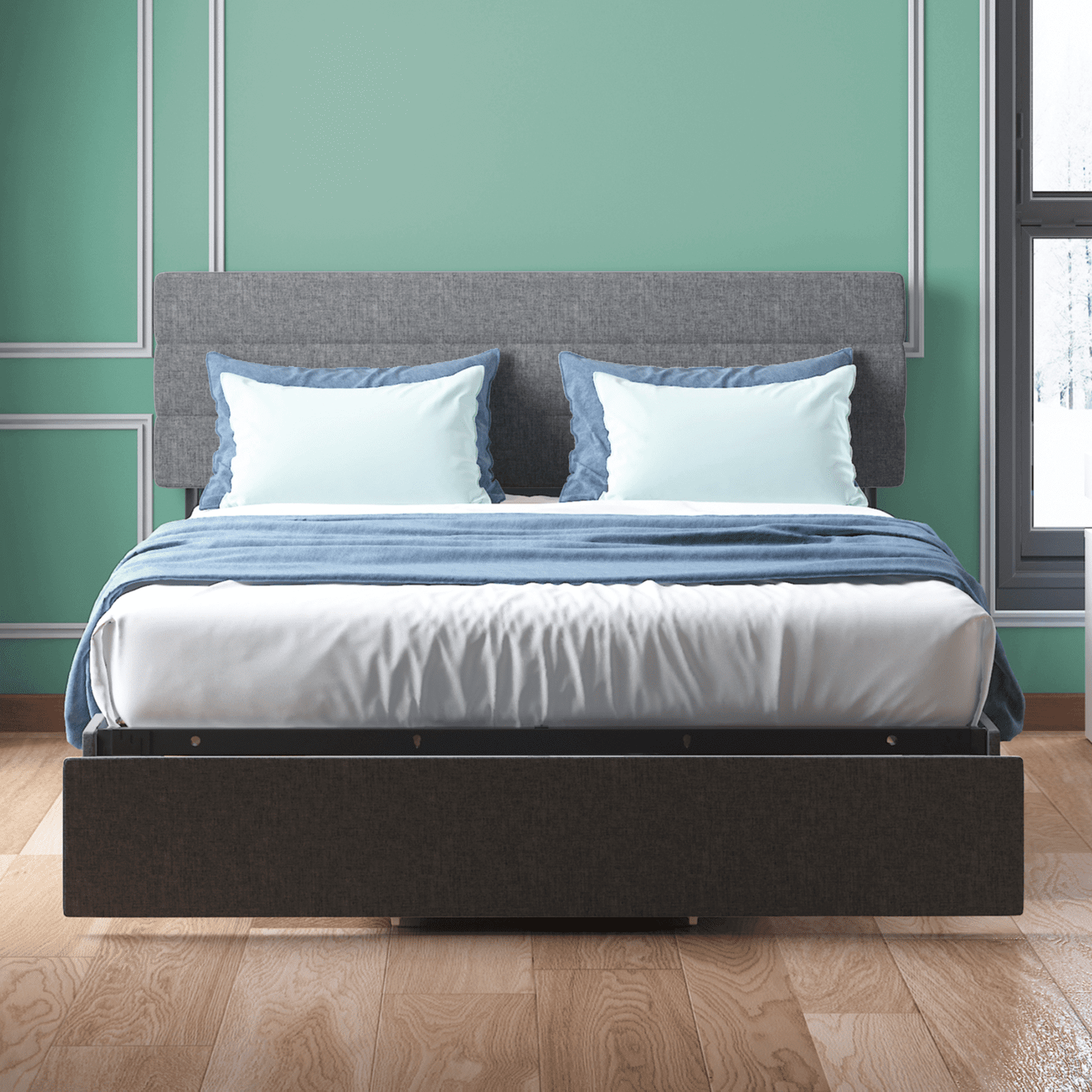 ZAFLY Full Size Upholstered Bed Frame with Headboard, Drawers & Large ...