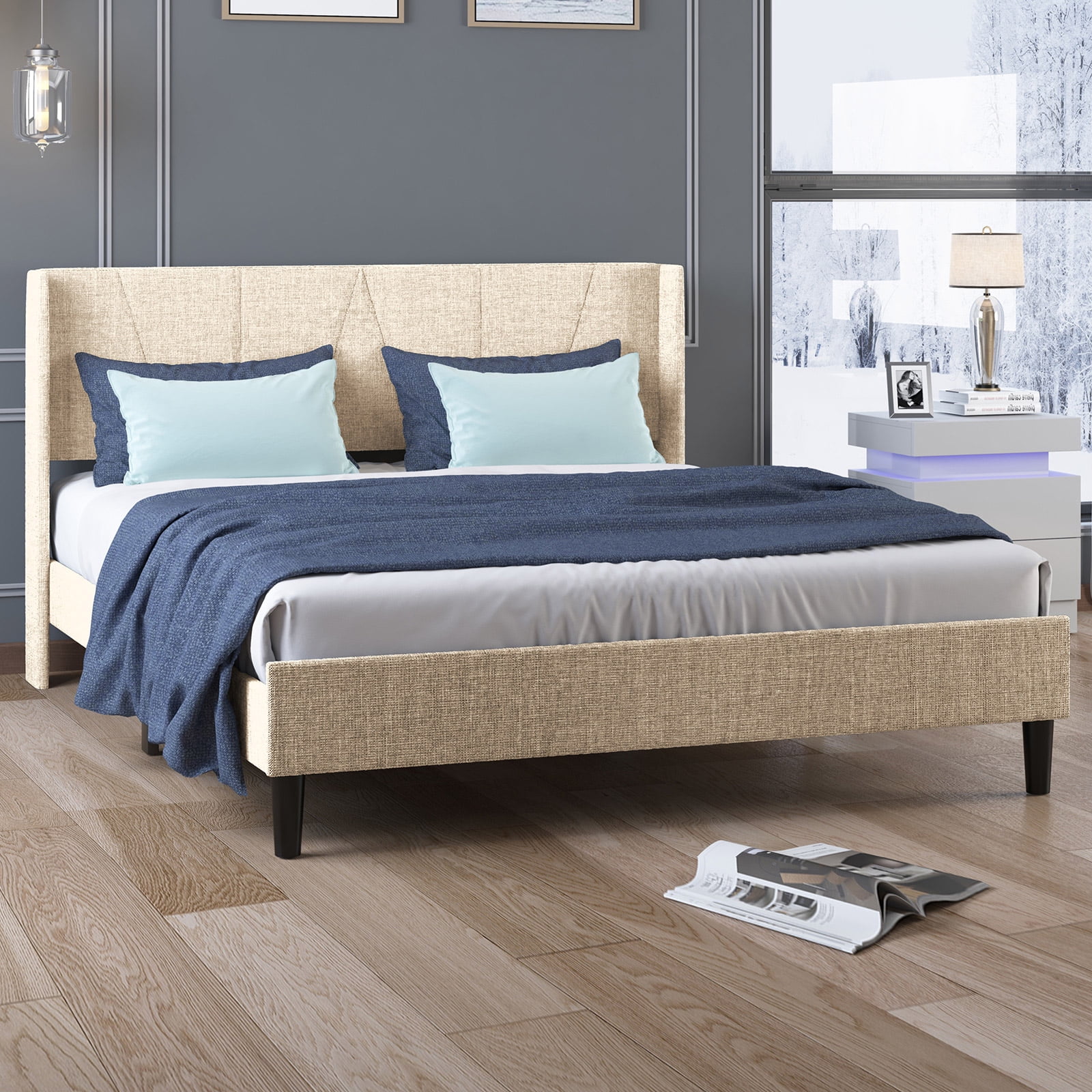 ZAFLY King Size Bed Frame, King Frame with Headboard, Linen Platform ...
