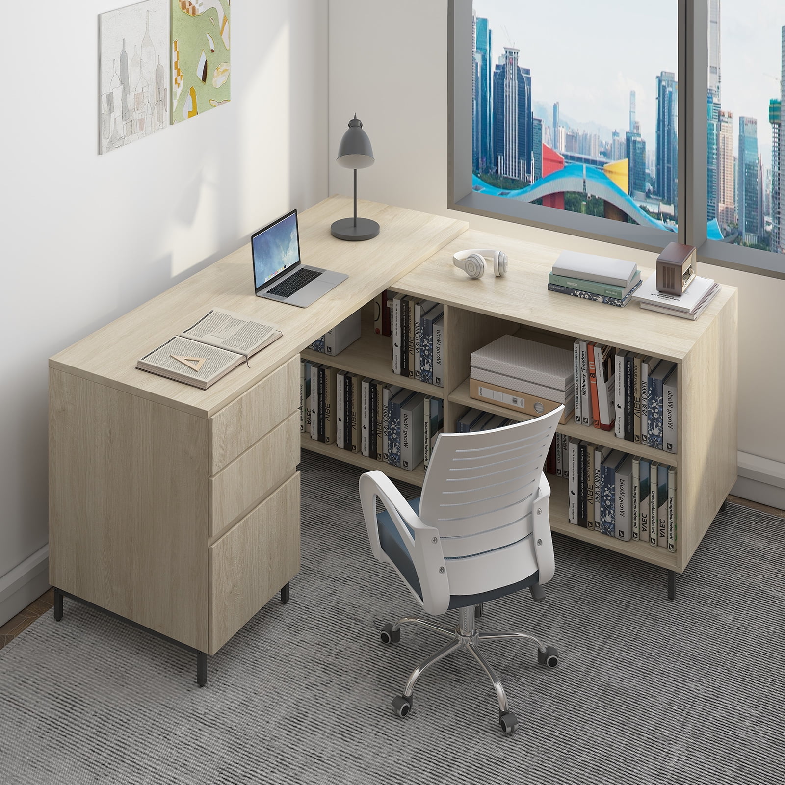 ZAFLY L Shape Desk, Writing Desk with Reversible Storage Shelves ...