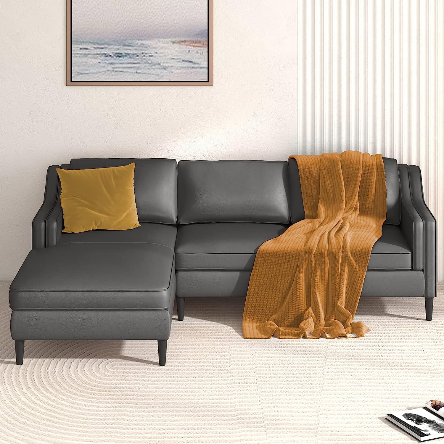 ZAFLY 94" L-Shaped Leather Sofa with Chaise, Soft Cushions, Armrests ...