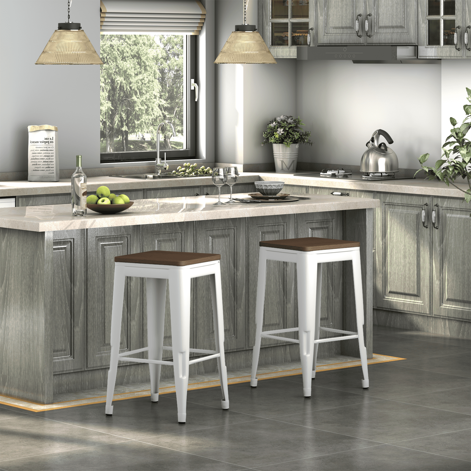 ZAFLY 26" Backless Bar Stool with Wood Seat, Industrial Style Counter ...