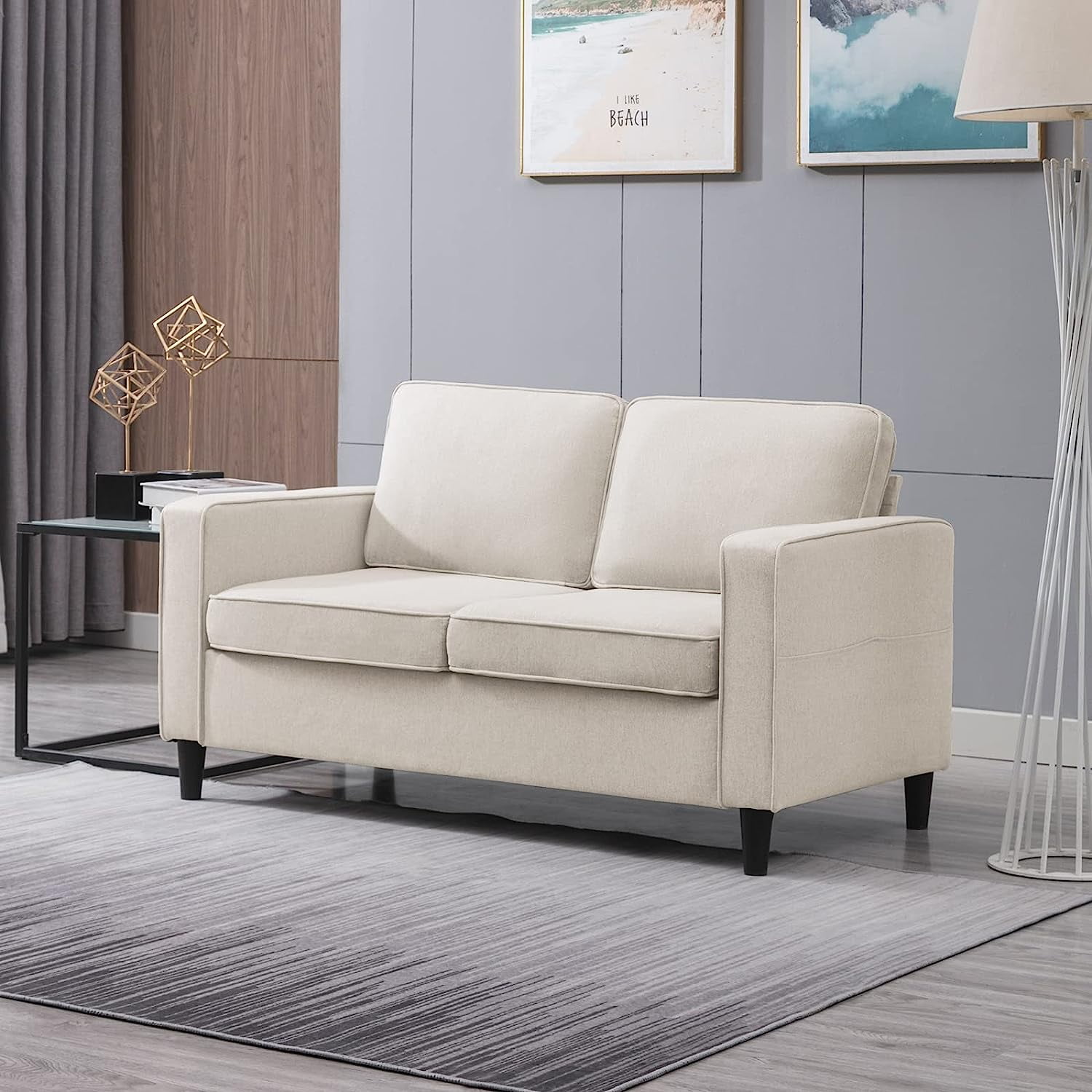 ZAFLY Modern Linen Loveseat Sofa, Small Beige Couch with Storage ...