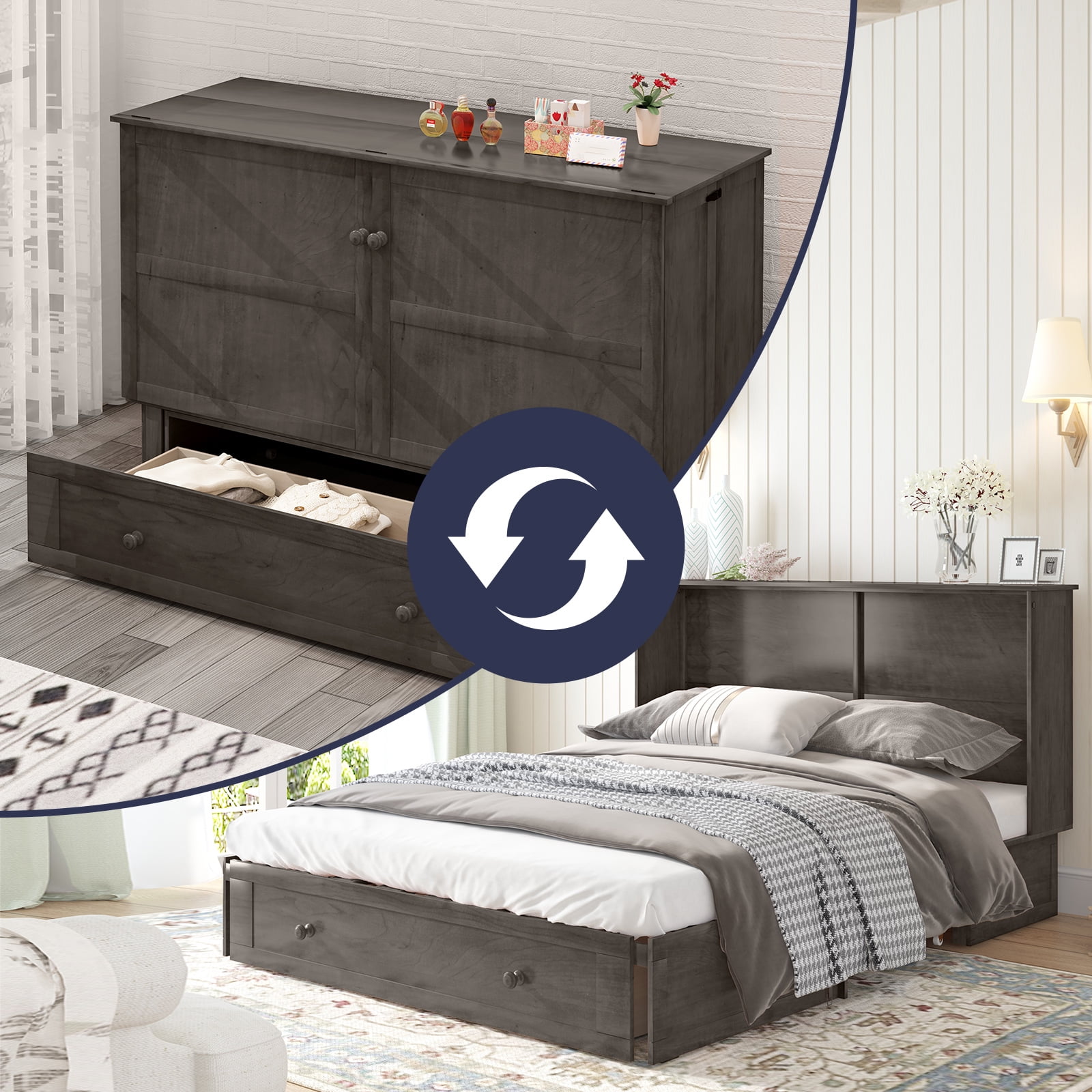 ZAFLY Murphy Bed with Trifold Foam Mattress, Cabinet Bed has USB ...