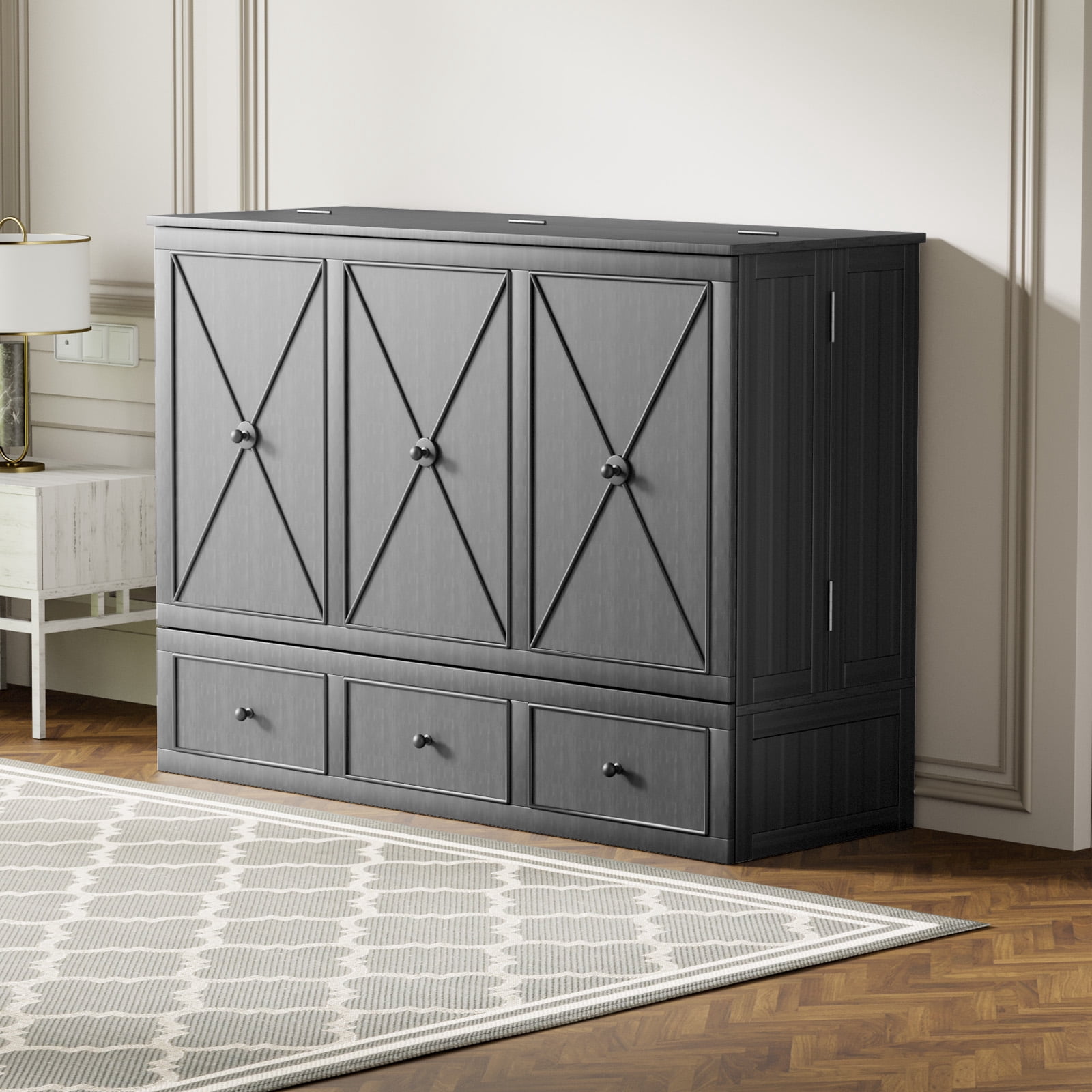 ZAFLY Murphy Bed with Charging Station, Solid Wood Cabinet Bed with ...