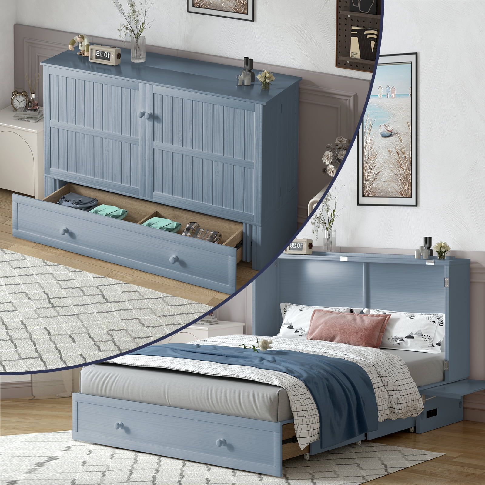 ZAFLY Murphy Bed with Mattress, Cabinet Bed with Charging Station ...
