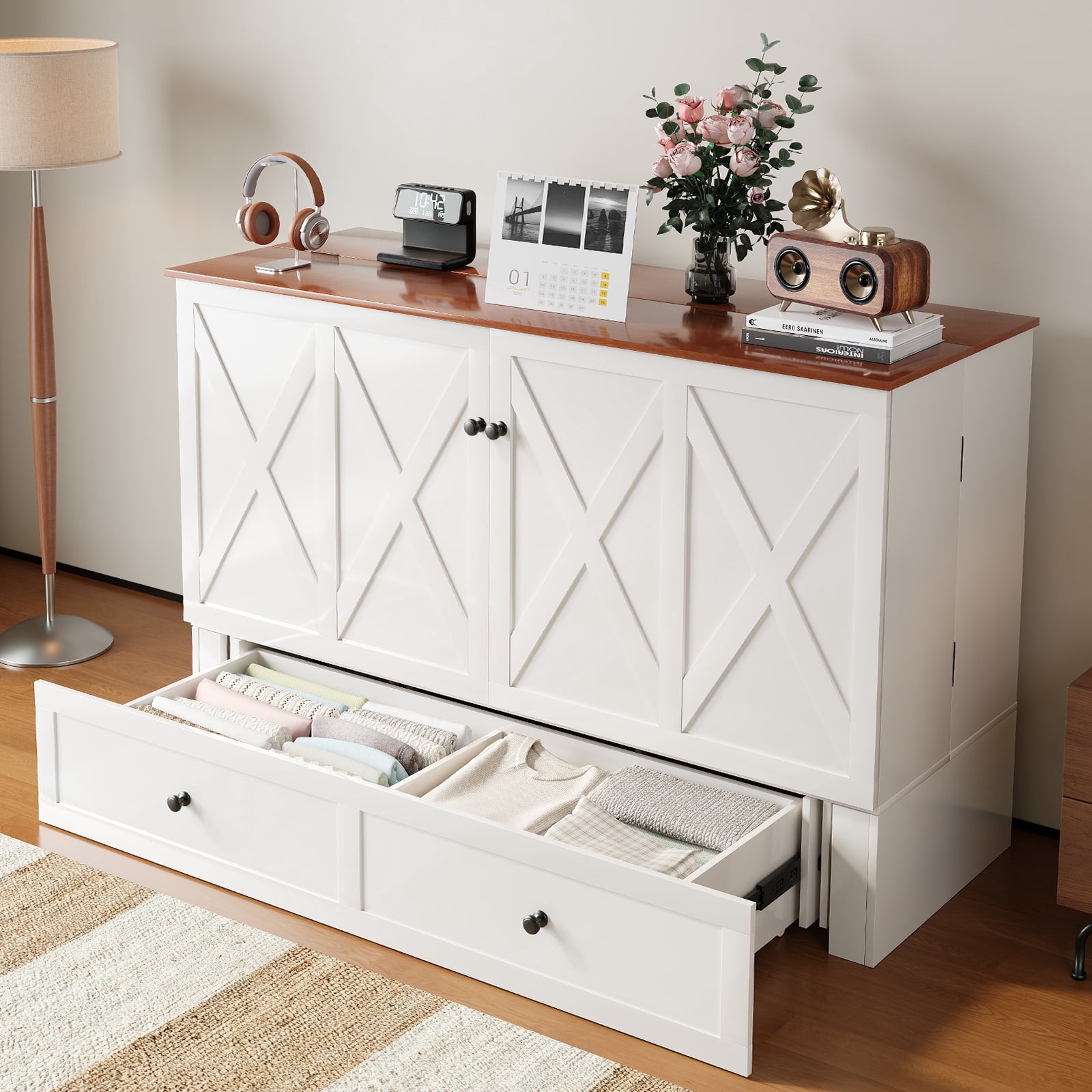 ZAFLY Murphy Bed with Mattress, Cabinet Bed with Charging Station ...