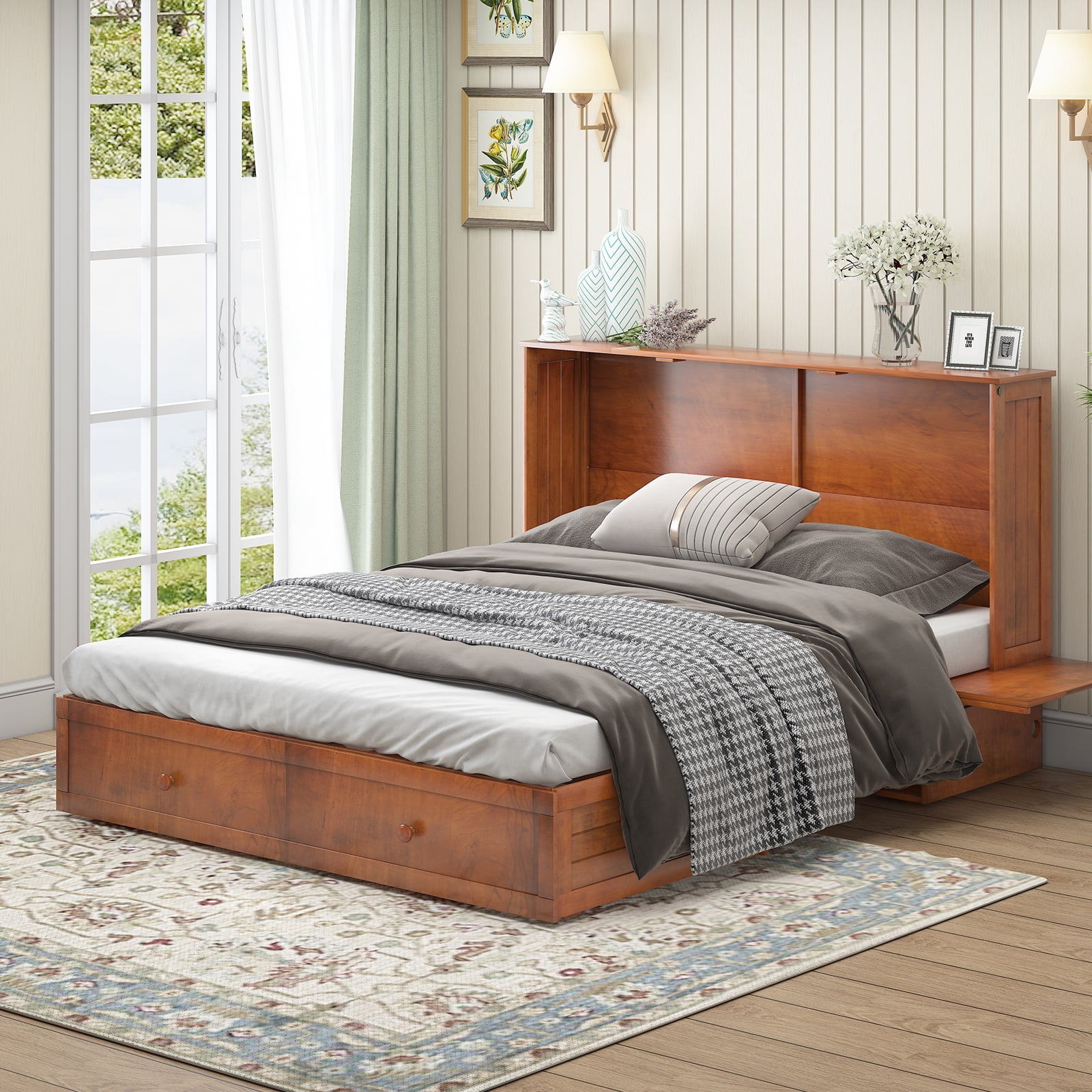 ZAFLY Cherry Murphy Bed with Mattress, USB Charging Station ...