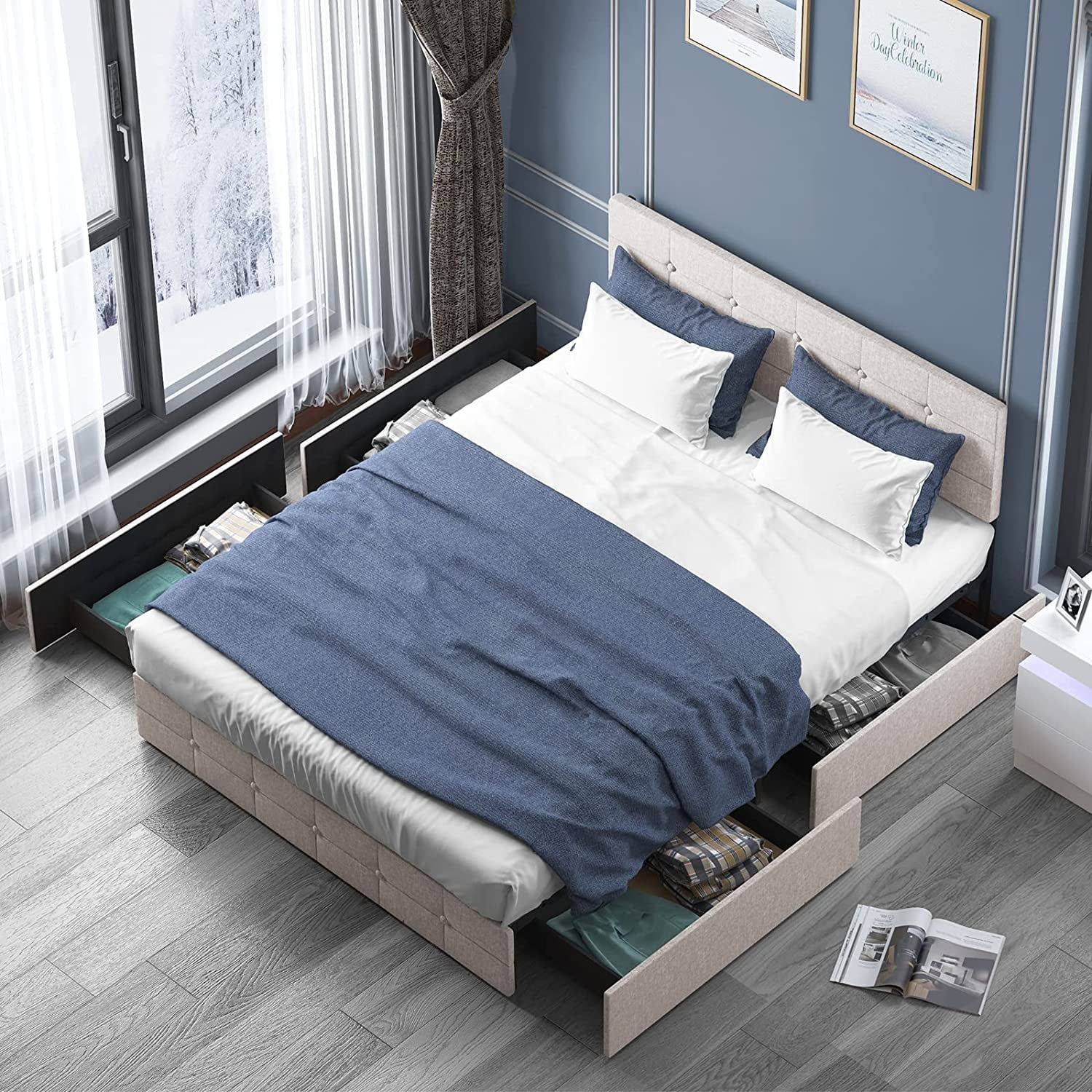 ZAFLY Platform King Size Bed Frame with Square Button Tufted Headboard ...