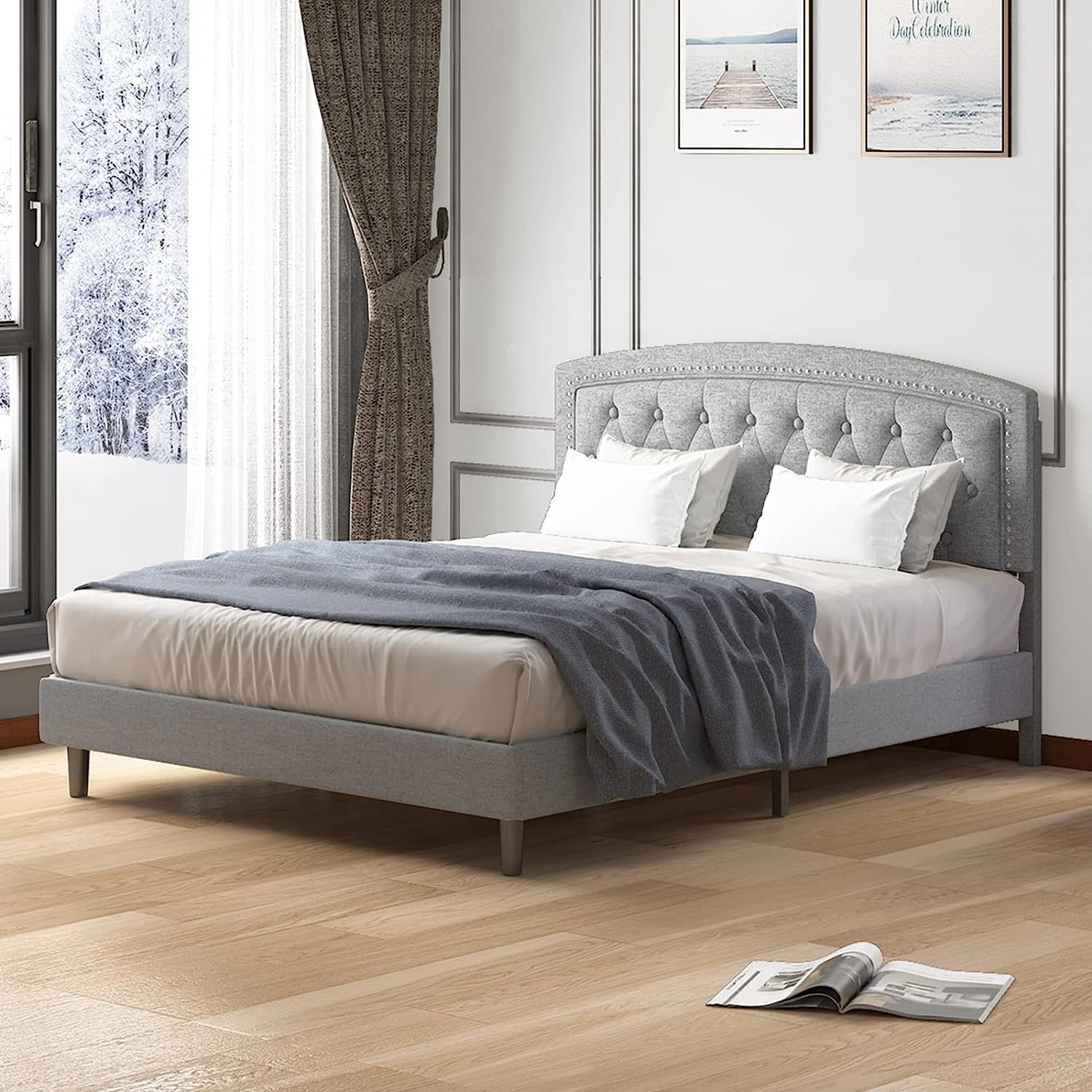 ZAFLY Platform King Size Bed Frame,Upholstered King Bed Frame with ...