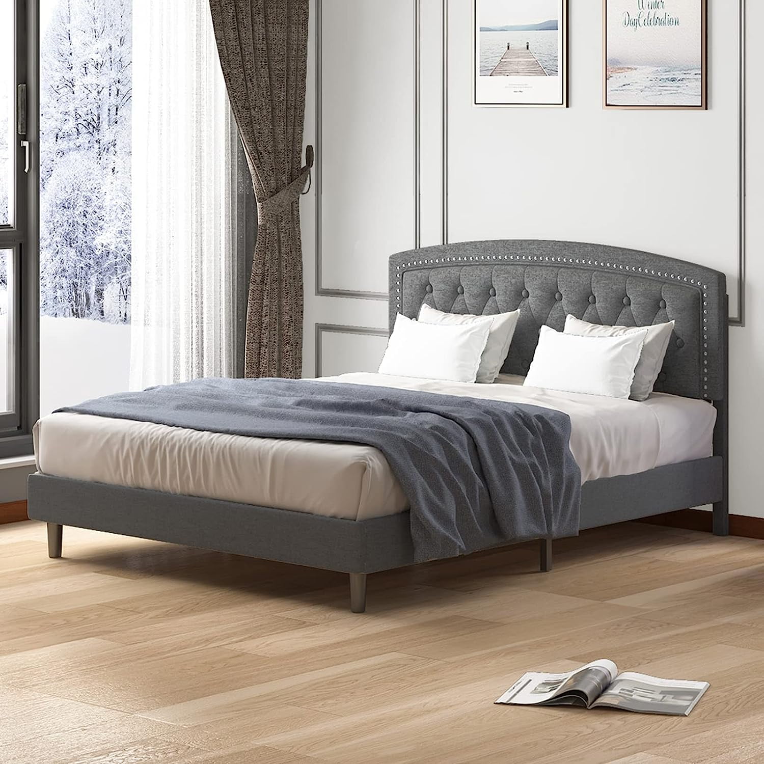 ZAFLY Platform King Size Bed Frame,Upholstered King Bed Frame with ...