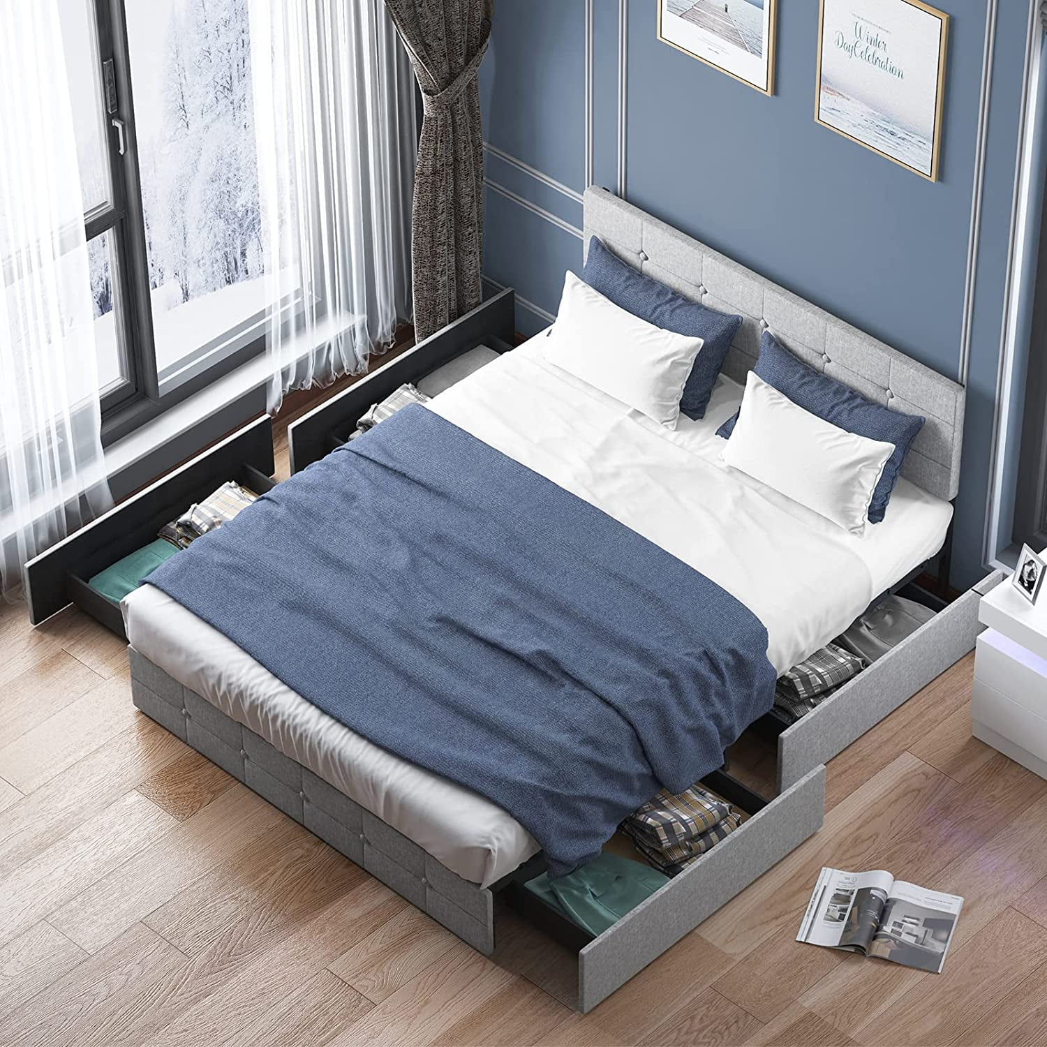 ZAFLY Platform Queen Bed Frame with 4 Storage Drawers Bed Frame Queen ...