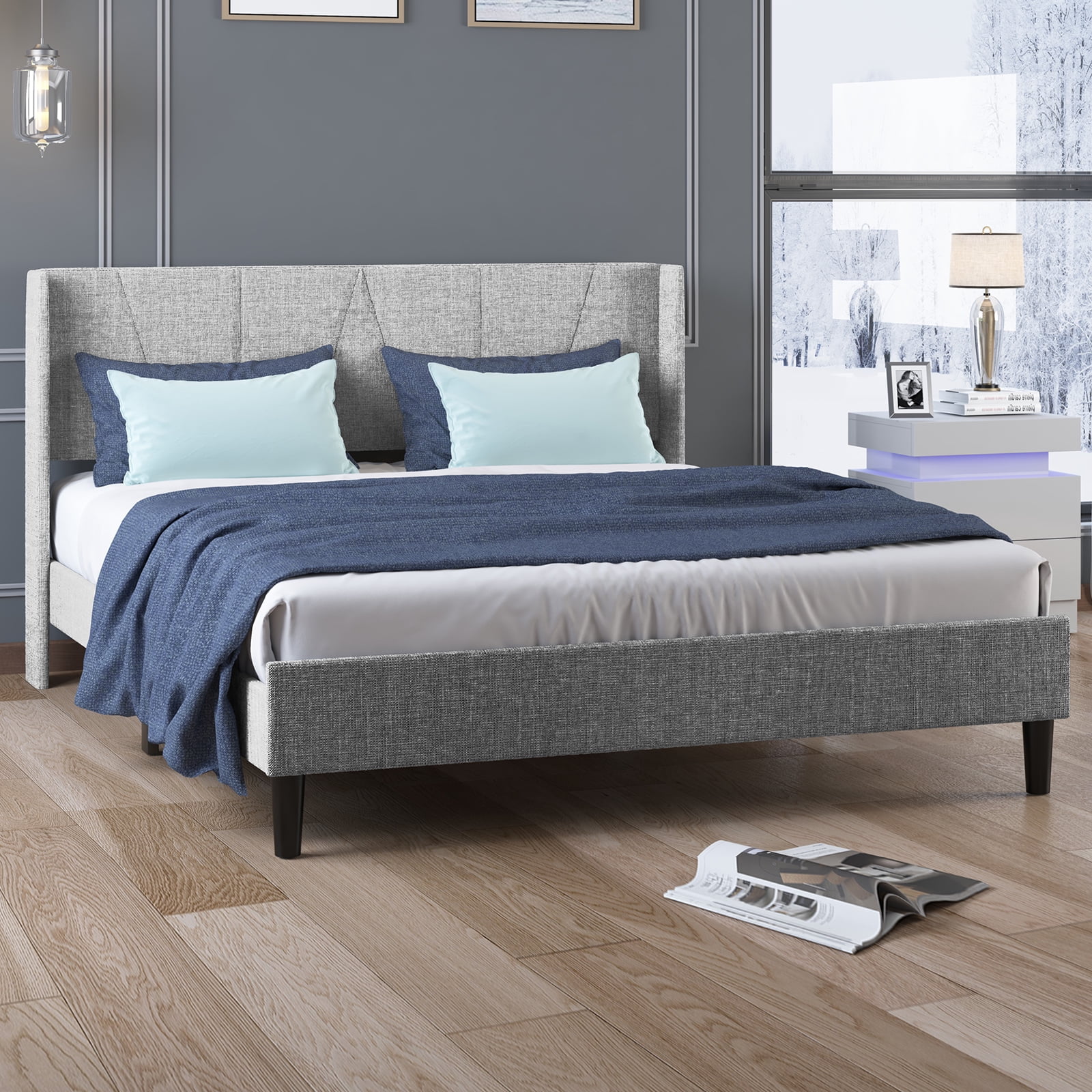 ZAFLY Queen Size Bed Frame, Queen Bed Frame with Headboard, Linen ...