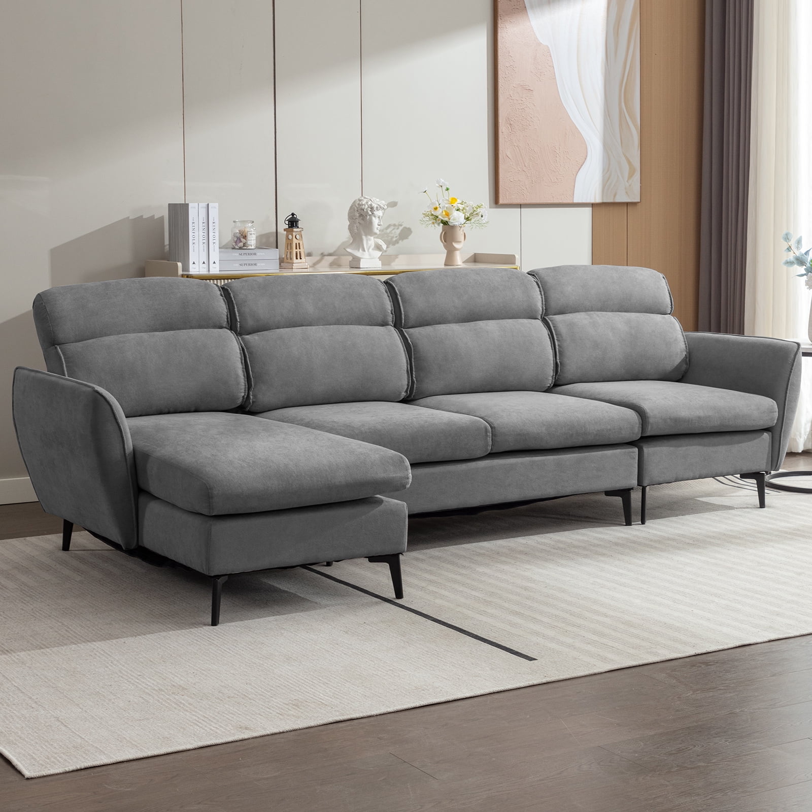 ZAFLY Sectional Sofa with Left Chaise, Linen 4-seater Couch with Metal ...