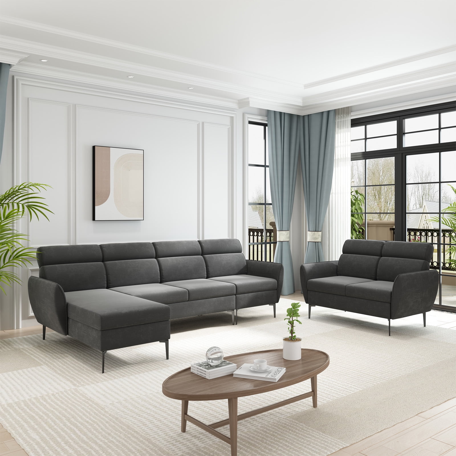 ZAFLY Sectional Sofa Sets for Living Room, Linen Fabric Sofa with Metal ...