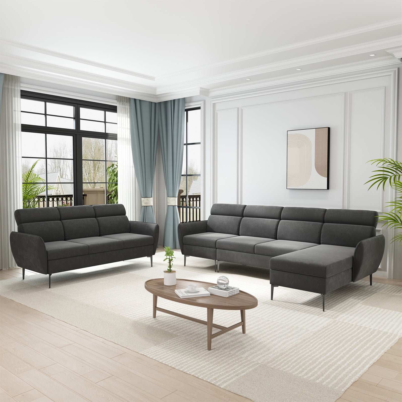 ZAFLY Sectional Sofa Sets for Living Room, Linen Fabric Sofa with Metal ...