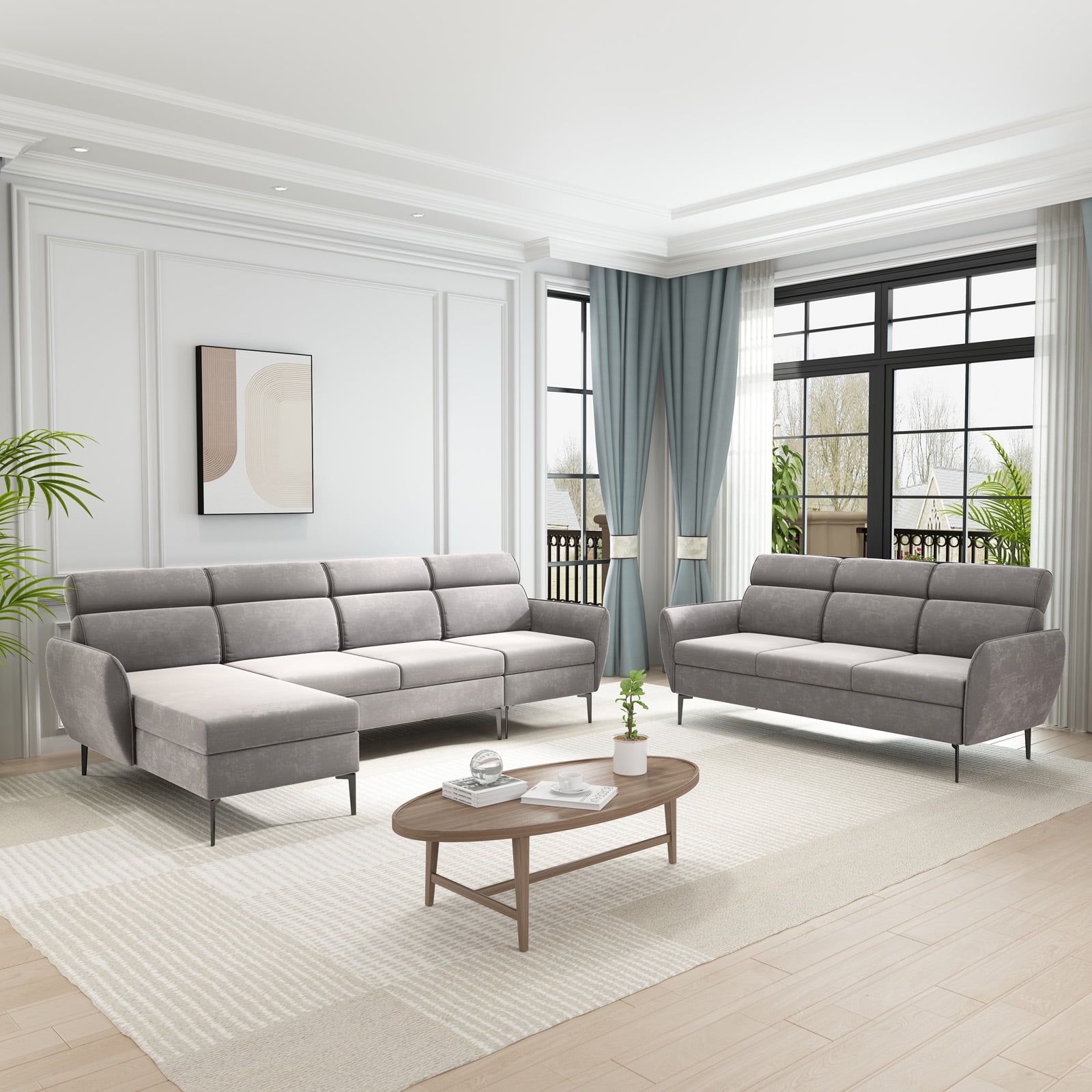 ZAFLY Sectional Sofa Sets for Living Room, Linen Fabric Sofa with Metal ...