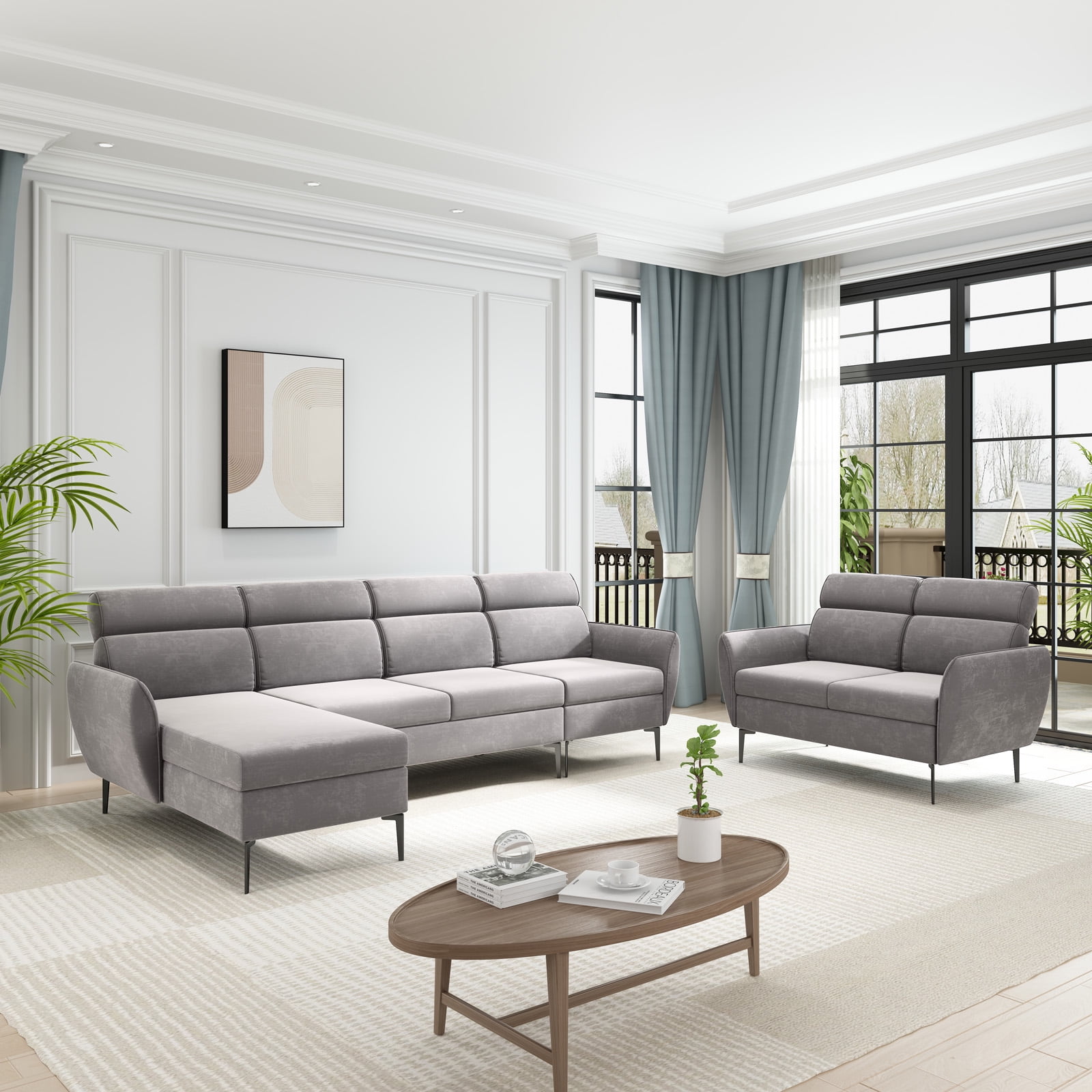 ZAFLY Sectional Sofa Sets for Living Room, Linen Fabric Sofa with Metal ...